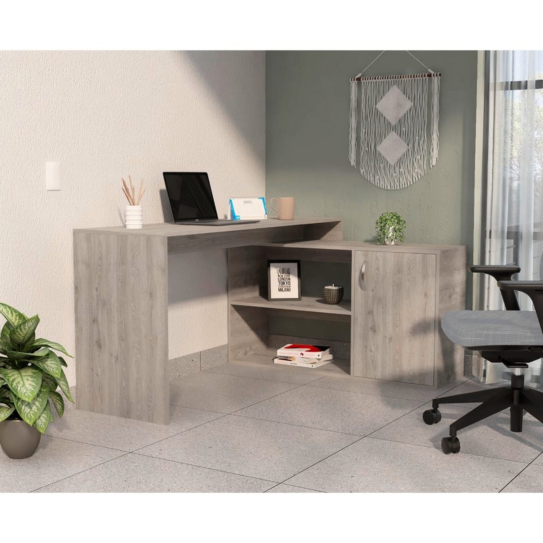 L-shaped desk with 4 shelves in light gray - Facilitates work and ...