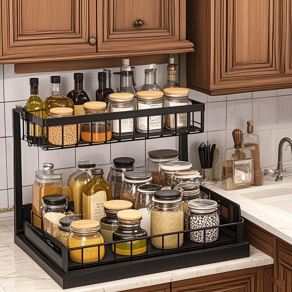 L-shaped kitchen cabinet rack, pull-out cabinet organizer, 2-layer ...