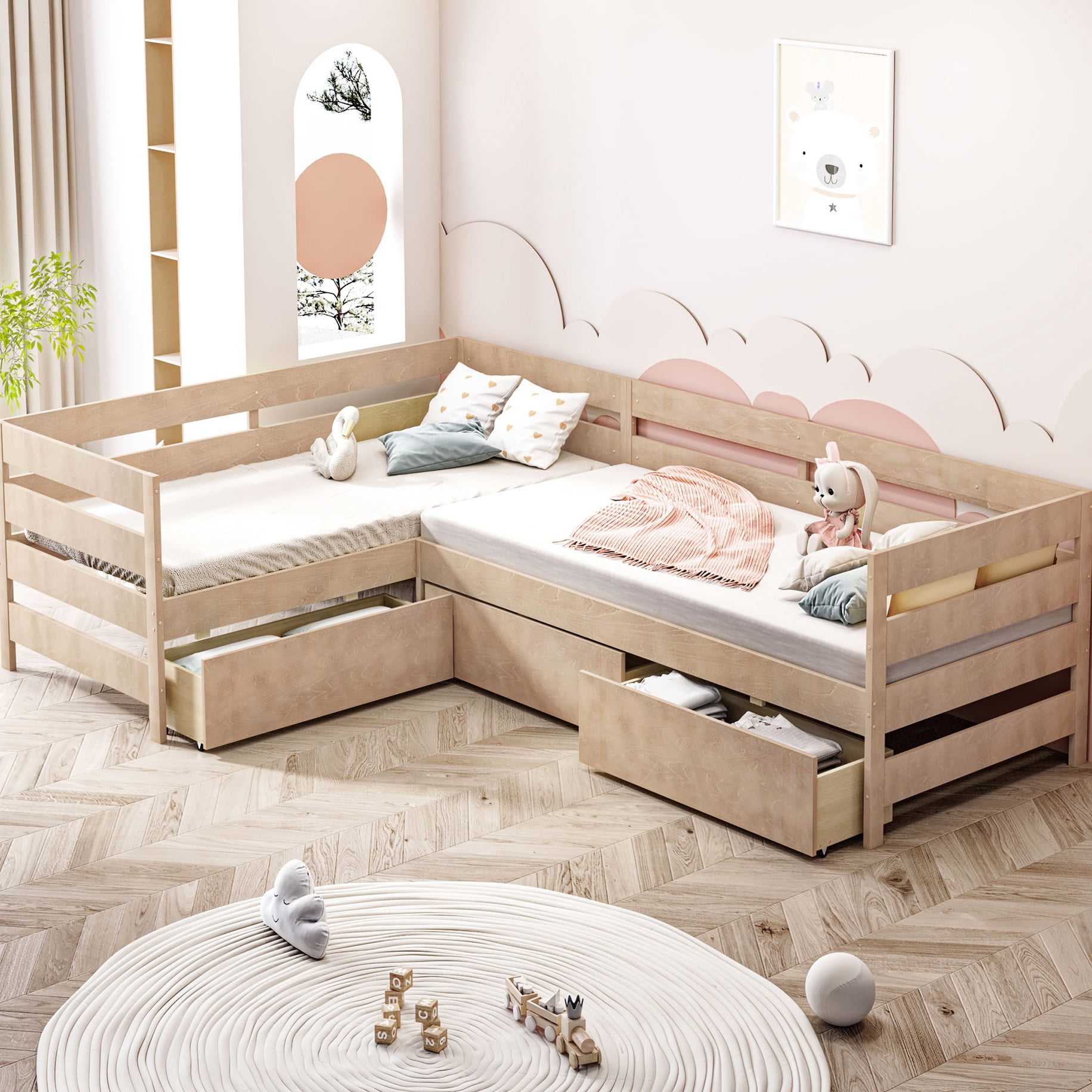 L-shaped platform bed, solid build | Offers comfort and storage in ...