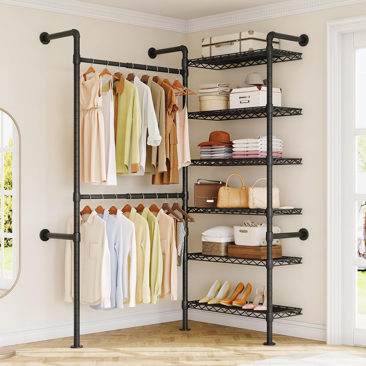 L2 Wall Mounted Closet System, Pipe Clothing Rack Clothes Racks with 2 ...