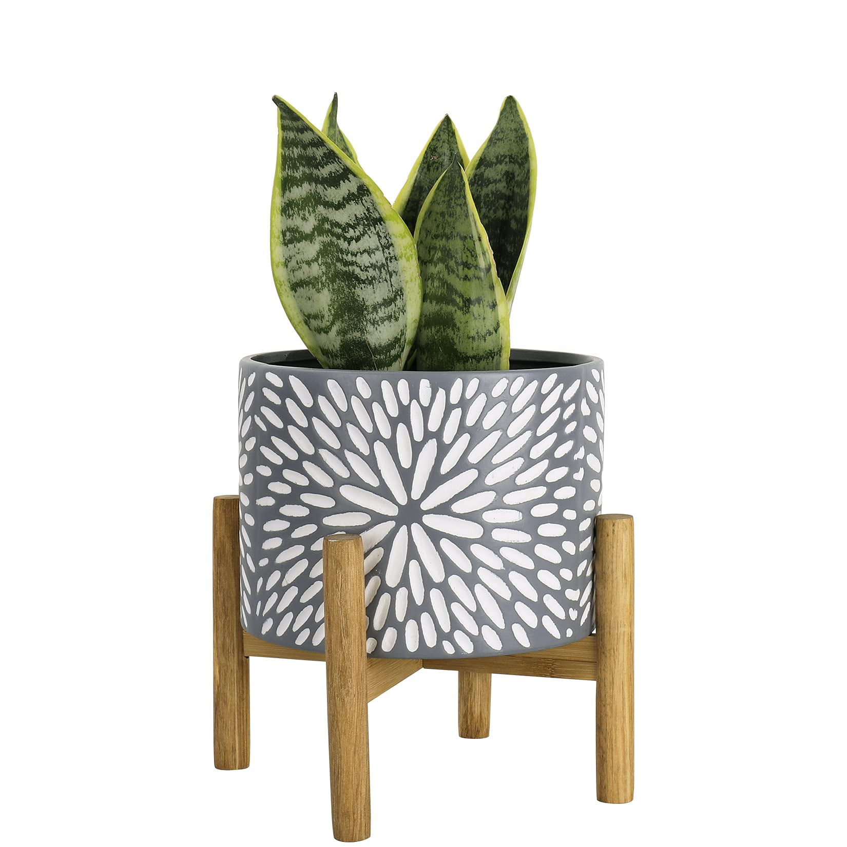 LA JOLIE MUSE Ceramic Planter with Wood Stand - 8 Inch Unique Modern Flower Pots Indoor with ...