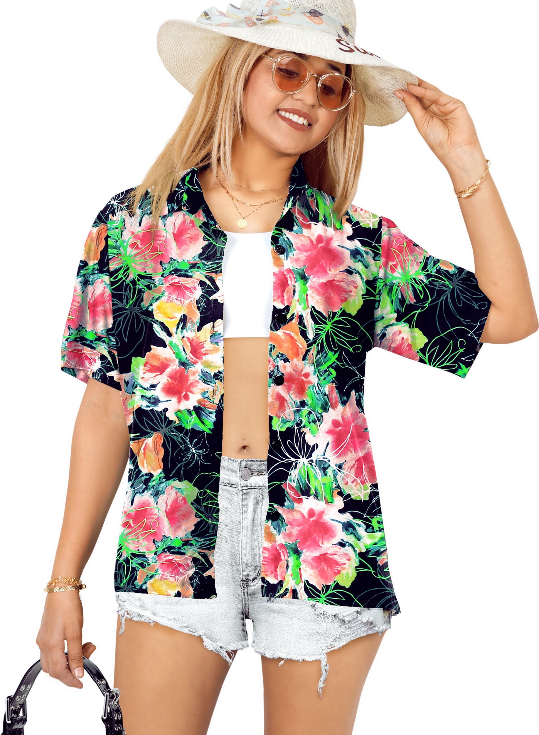 LA LEELA Hawaiian Shirts Womens Casual Summer Beach Party Blouse Shirt ...