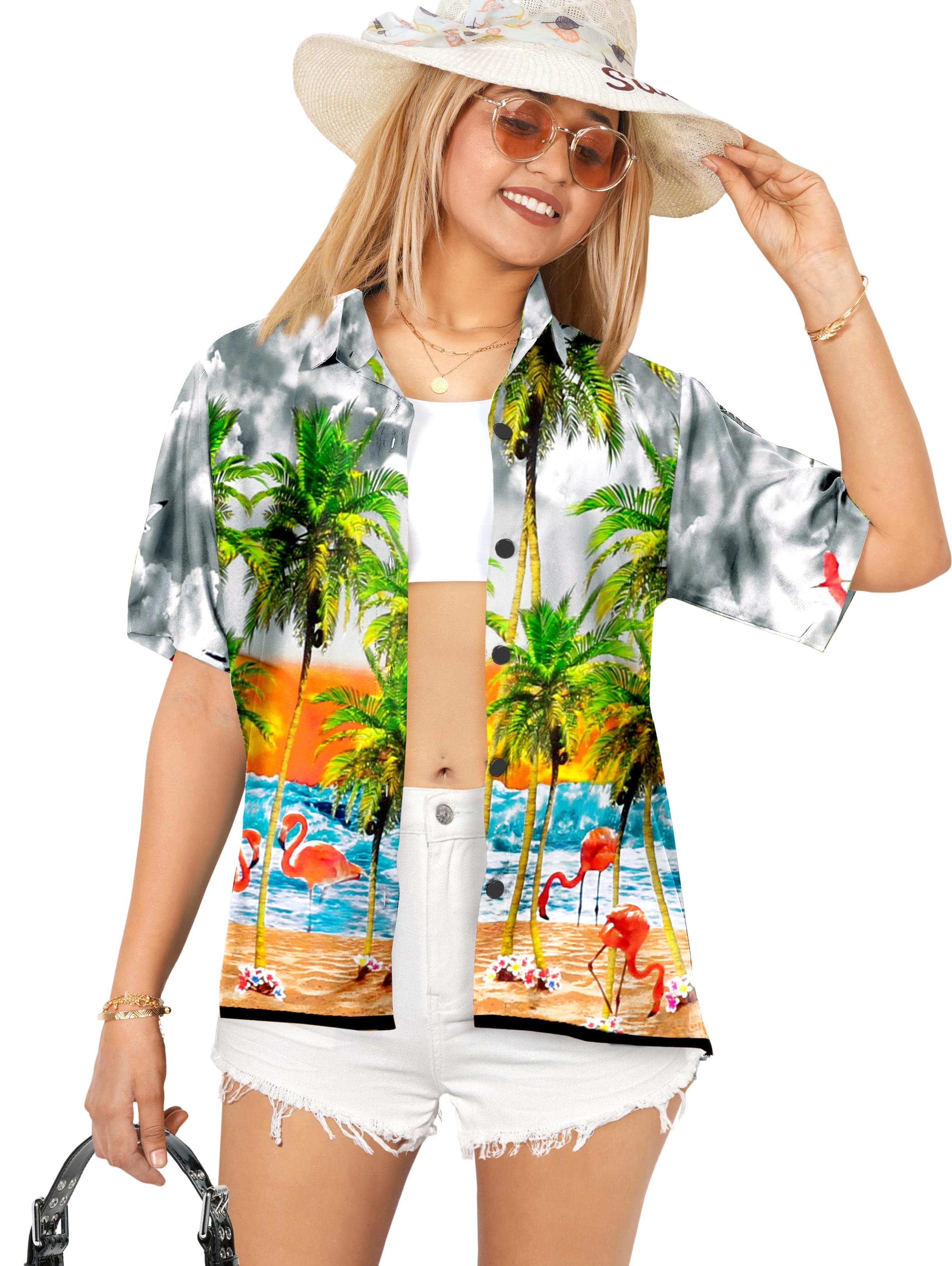 LA LEELA Hawaiian Shirts Womens Casual Summer Beach Party Blouse Shirt ...