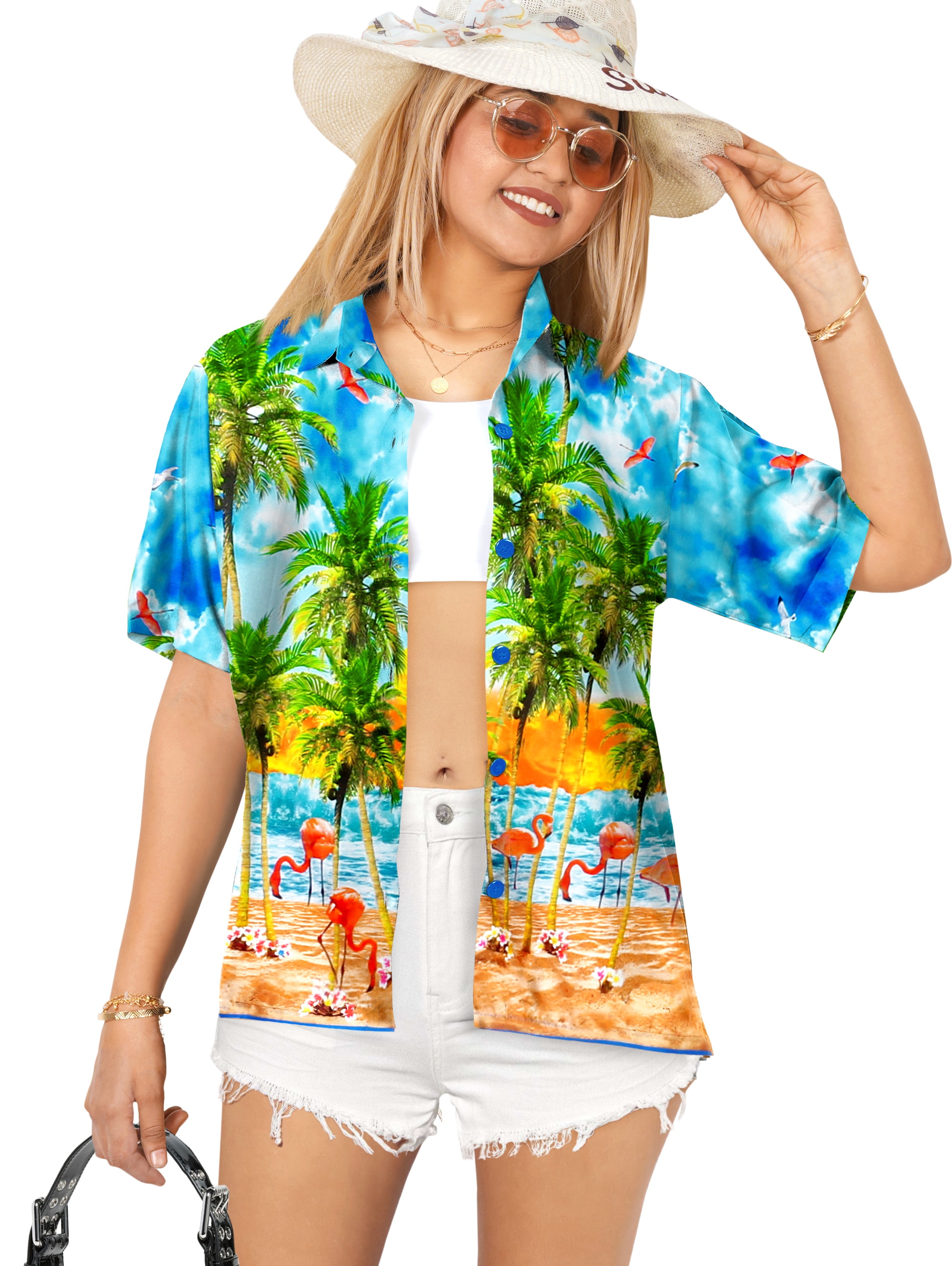 LA LEELA Hawaiian Shirts Womens Casual Summer Beach Party Blouse Shirt ...