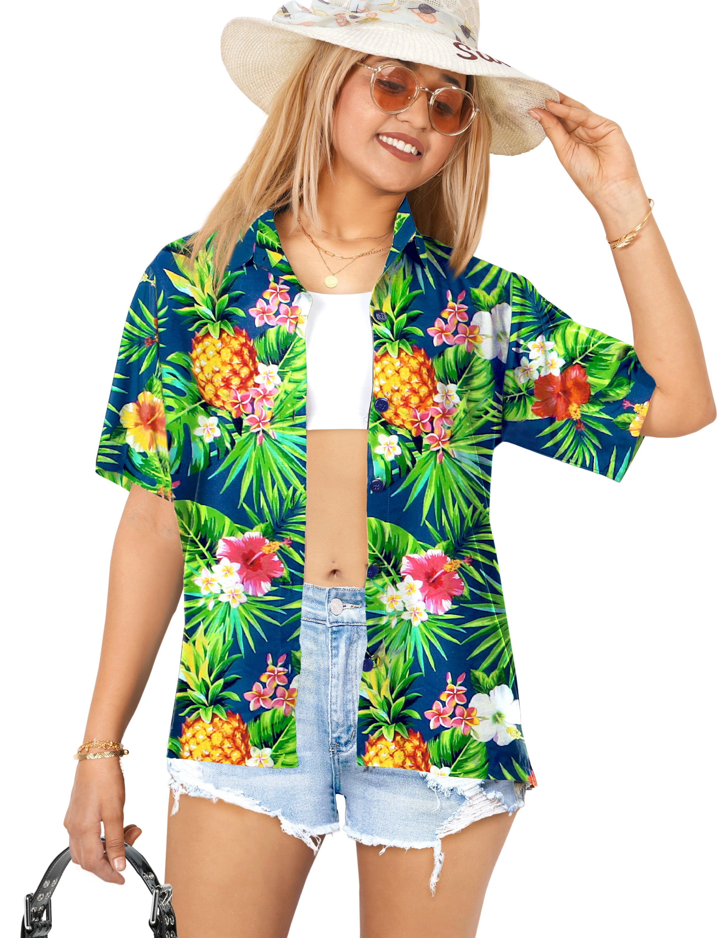 LA LEELA Hawaiian Shirts Womens Floral Summer Beach Party Blouse Shirt ...