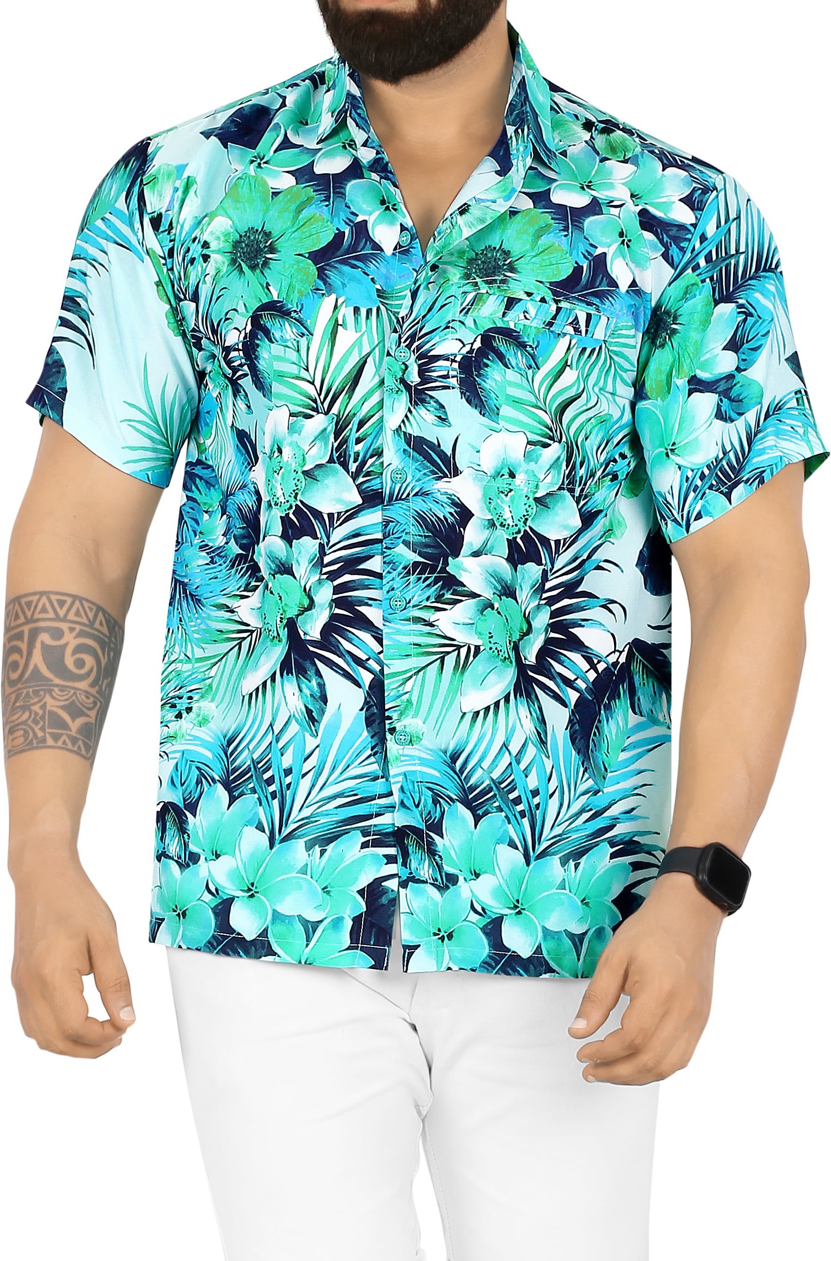 LA LEELA Men's Hawaiian Shirt Tropical Floral Beach Shirts Casual ...