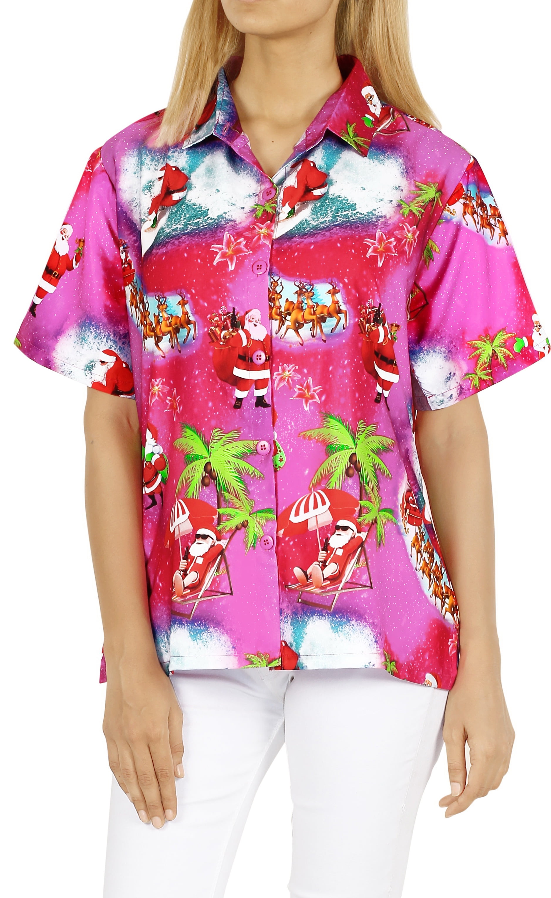 LA LEELA Women's Beach Funny Santa Claus Party Blouse Shirt Tops Button ...