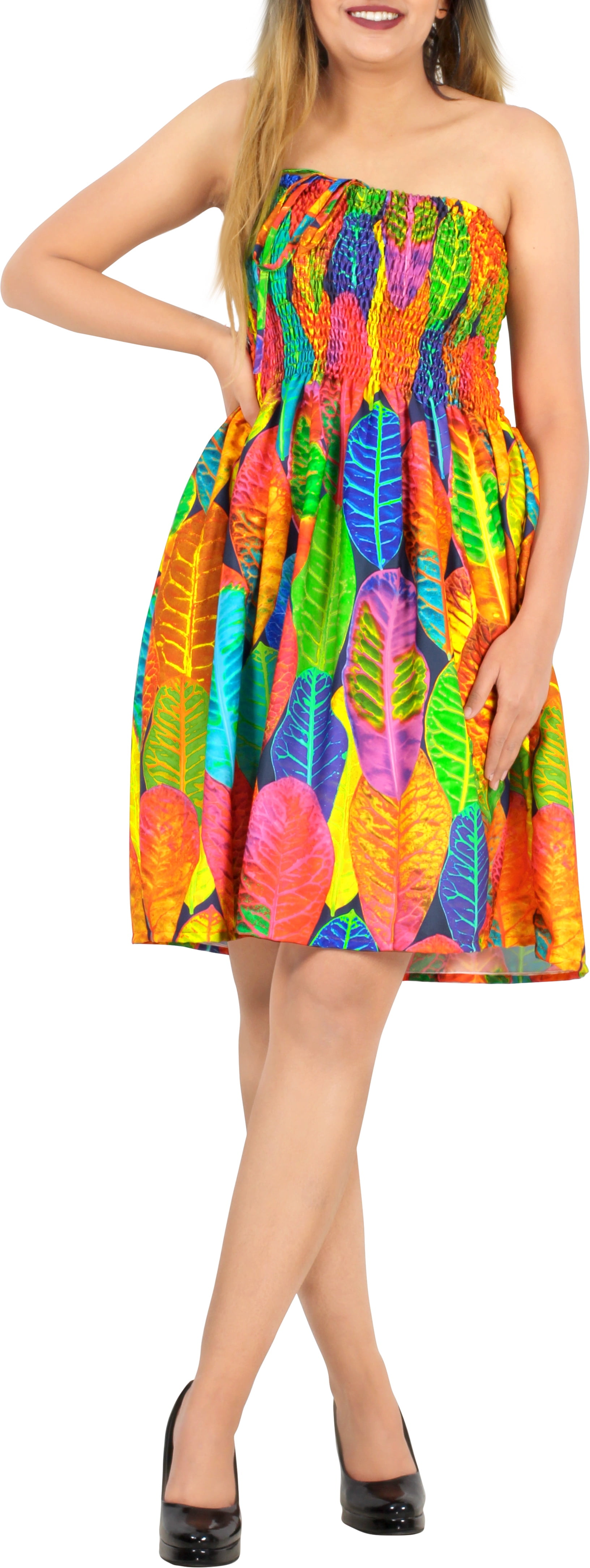 LA LEELA Women's Summer Boho Halter Smocked Mini Flowy Beach Dress Tube ...