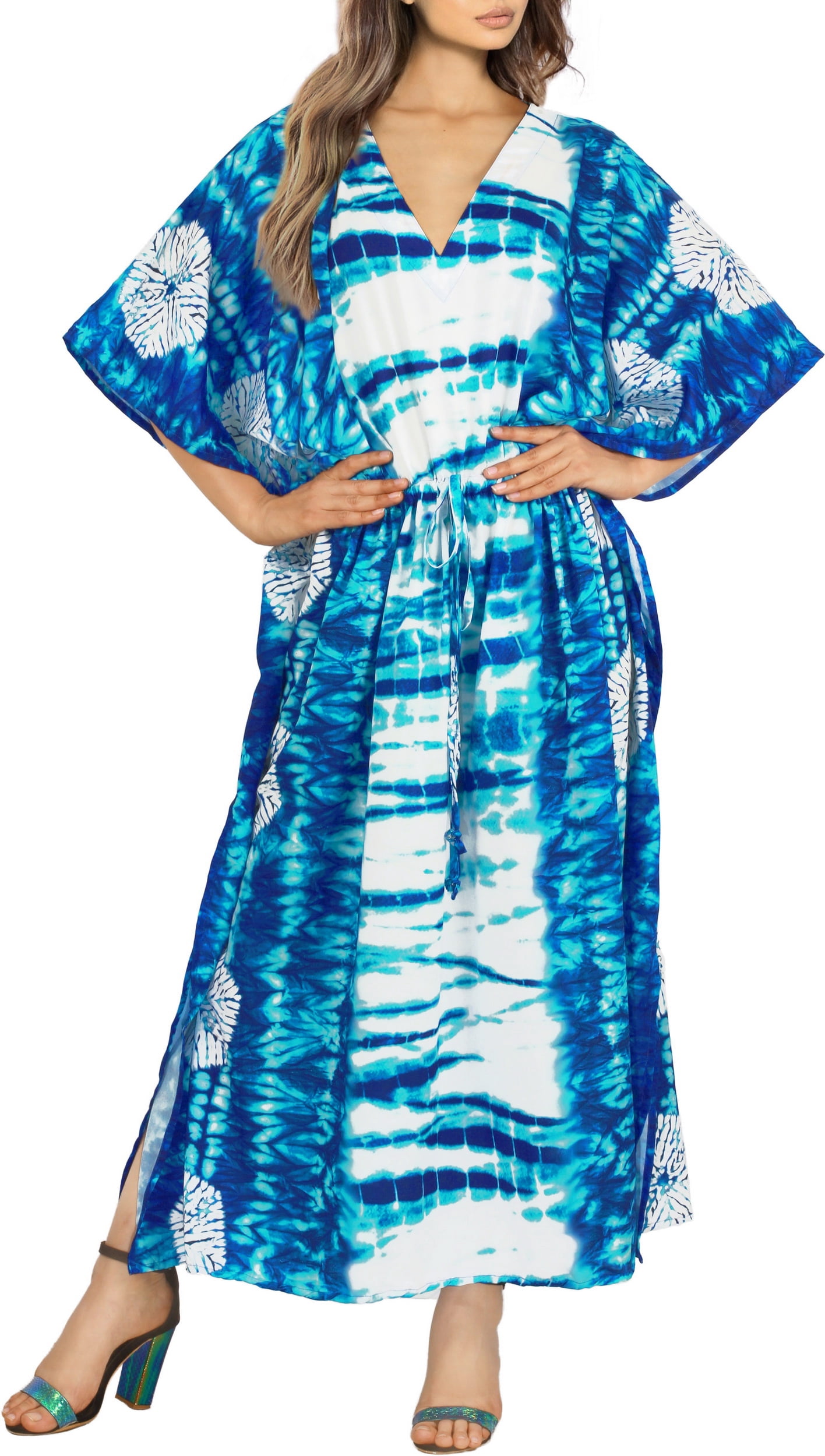 LA LEELA Women's Plus Size 2X-3X Summer Beach Caftan Maxi Dress, Blue ...