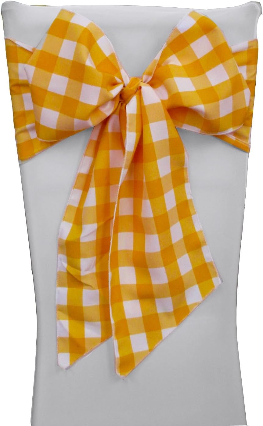 LA Linen Checkered Chair Bows Sashes, 7 by 108-Inch, Light Yellow/White ...