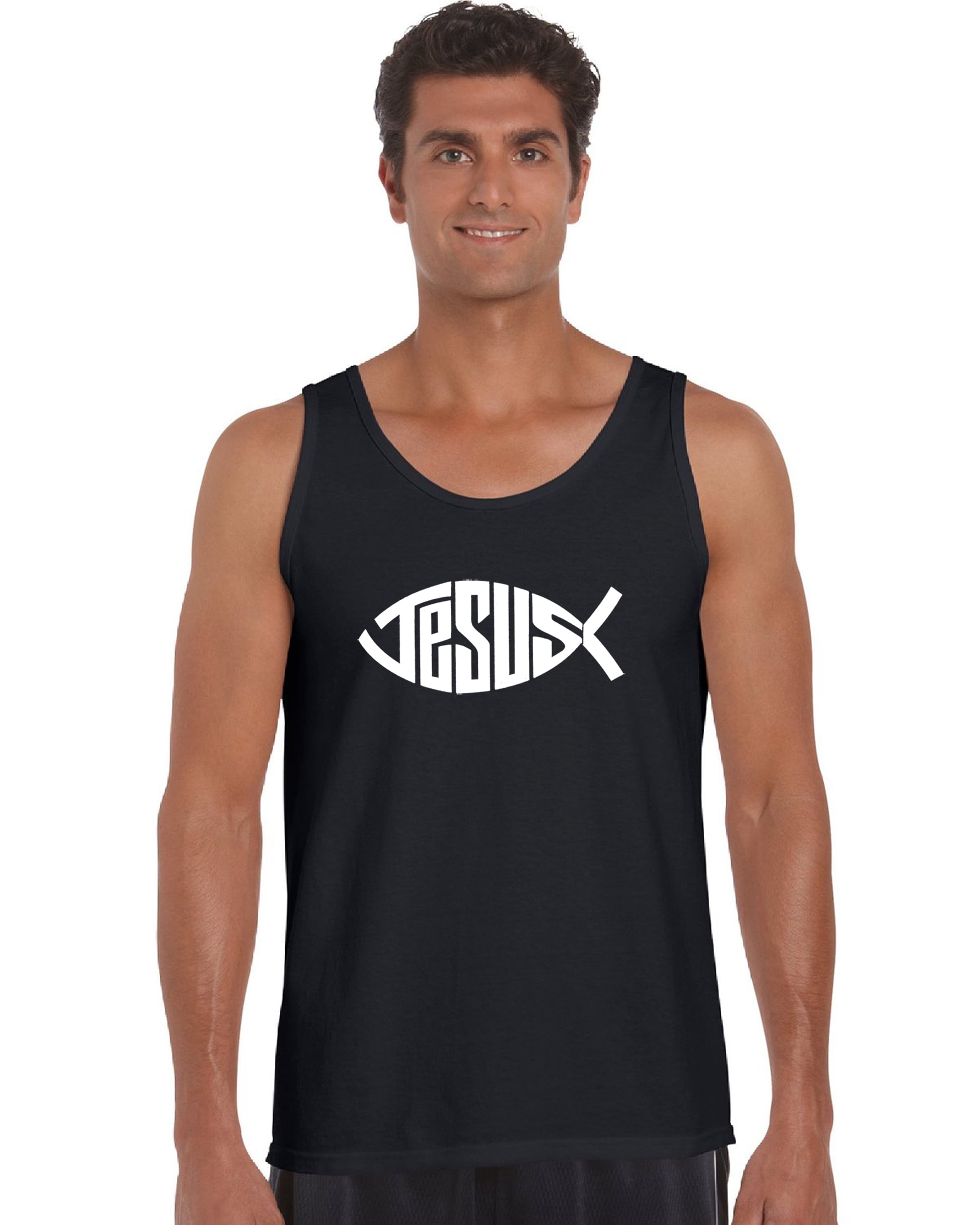 LA Pop Art Men's Word Art Tank Top - Christian Jesus Name Fish Symbol ...