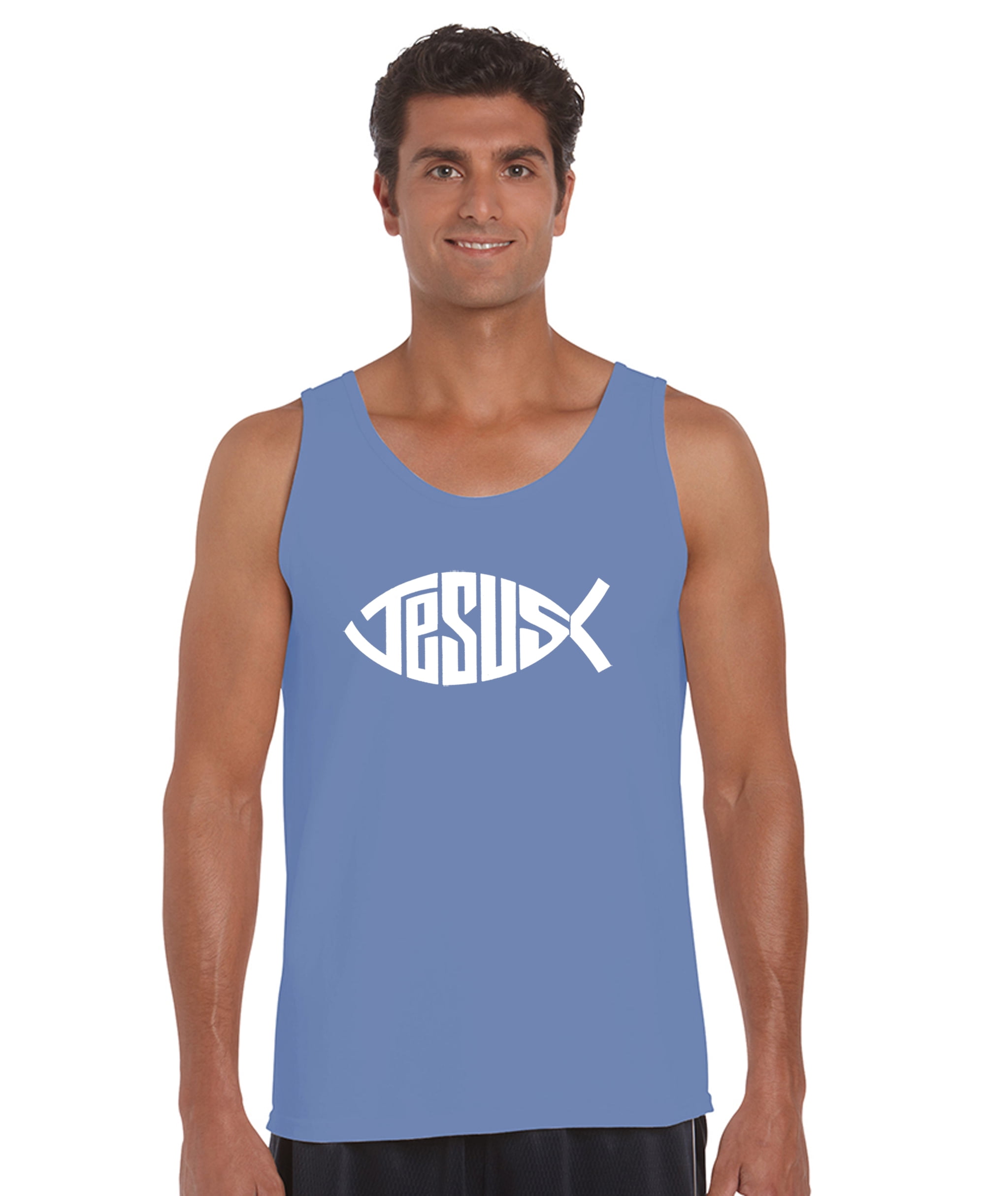 LA Pop Art Men's Word Art Tank Top - Christian Jesus Name Fish Symbol ...