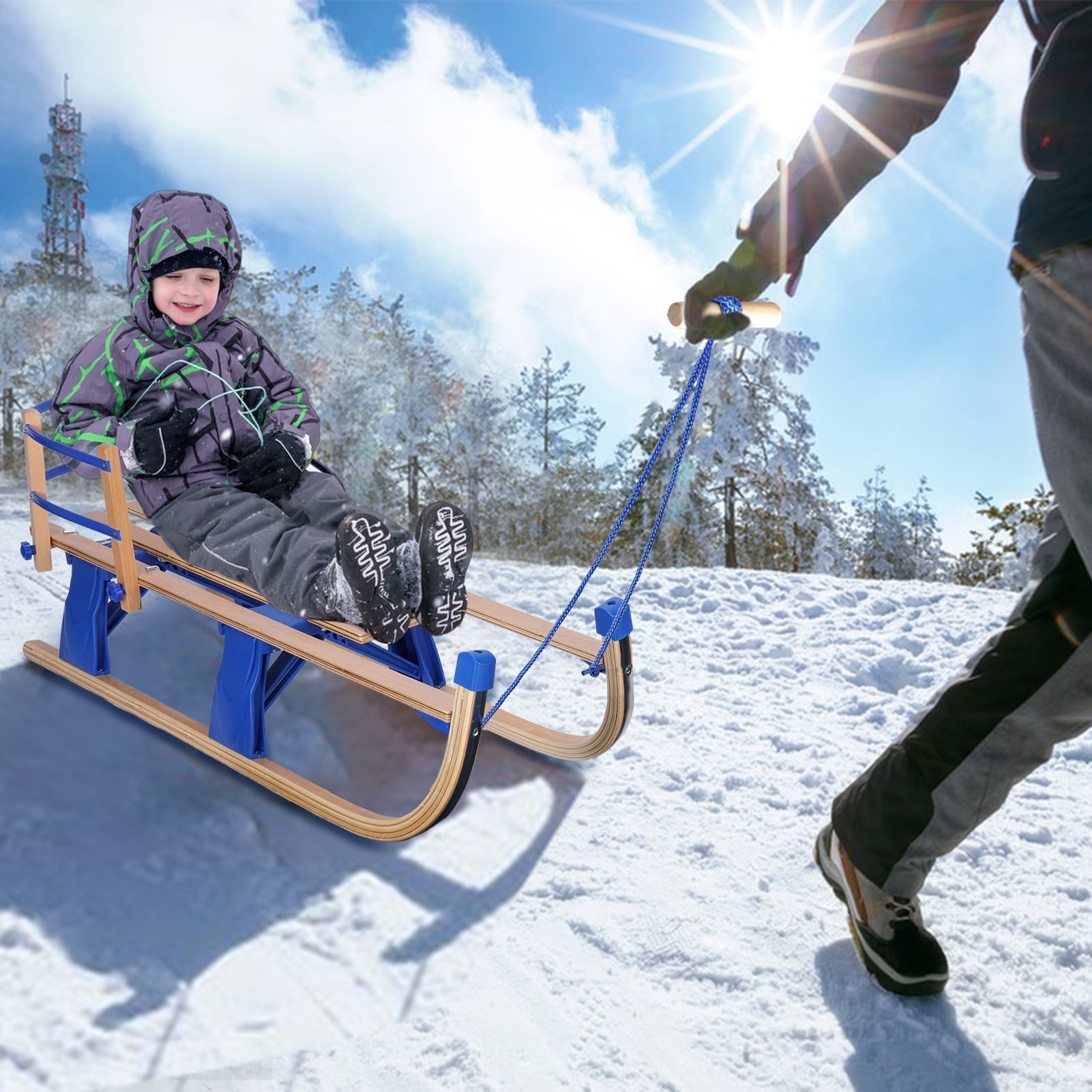 LA TALUS Snow Sled, Foldable Kids Sled with Backrest, Long Digging Rope ...