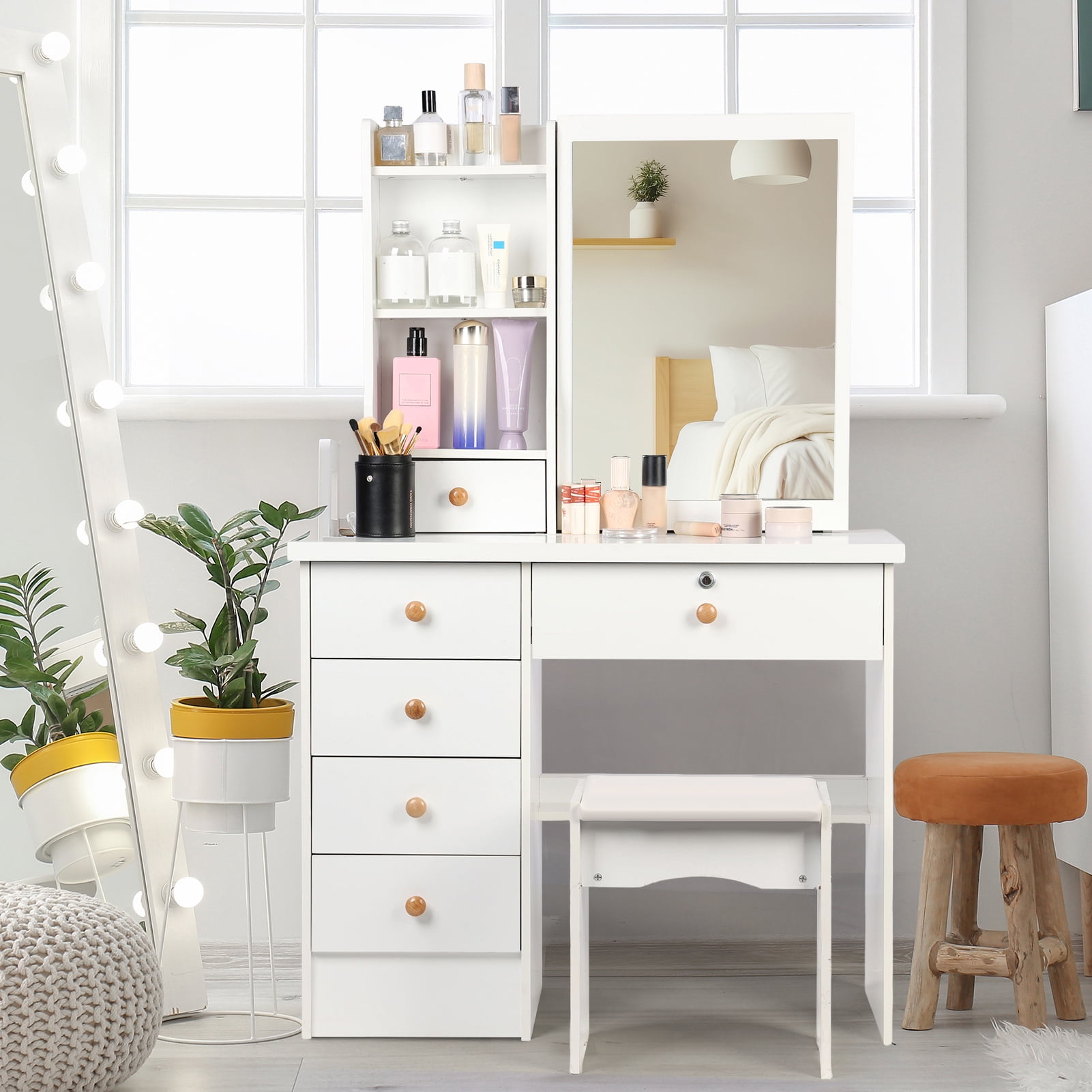 LA TALUS Vanity Desk with Sliding Mirror, 6 Drawers, Open Shelves ...