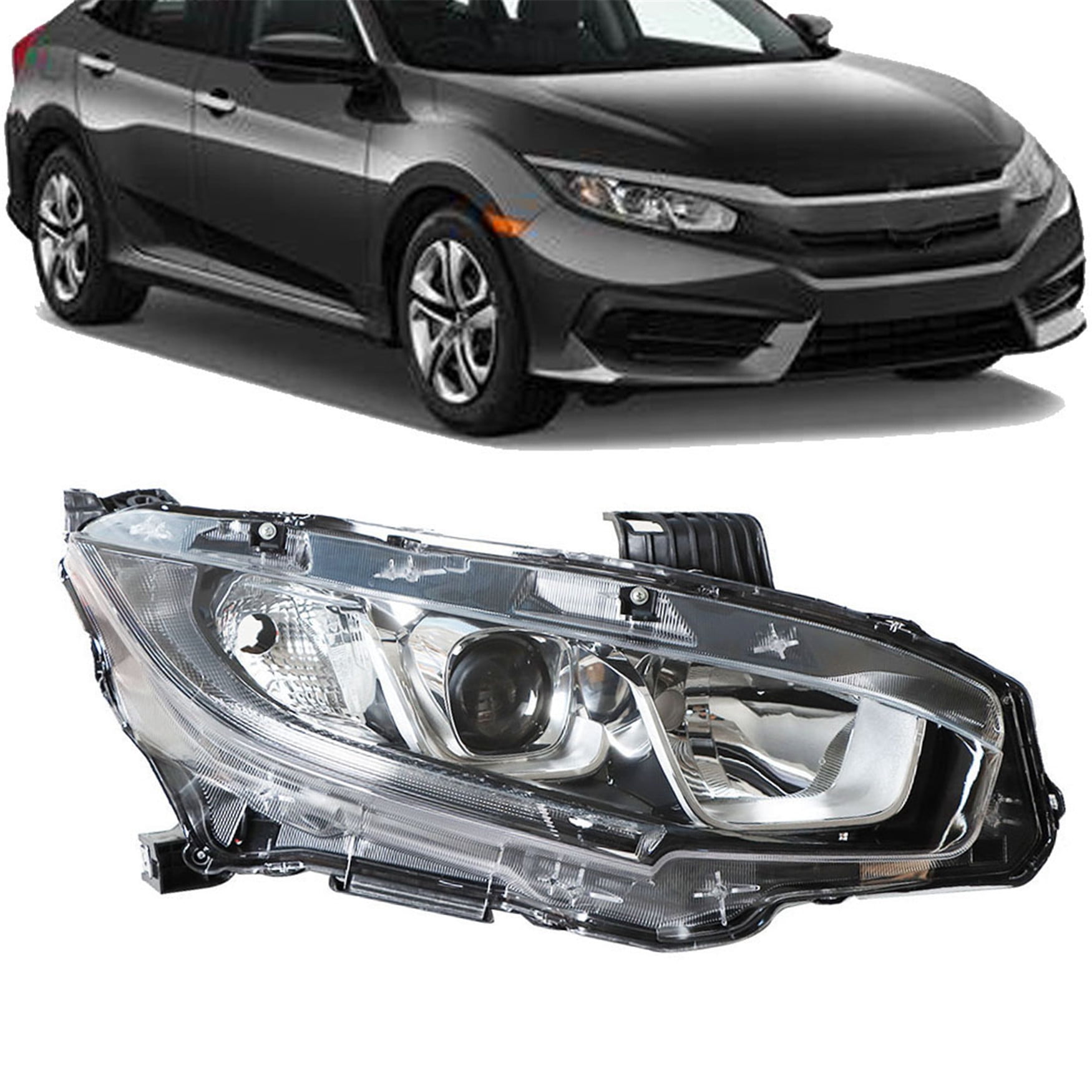 LABLT Chrome Headlight Fit For 2016-2018 Honda Civic Halogen Projector ...