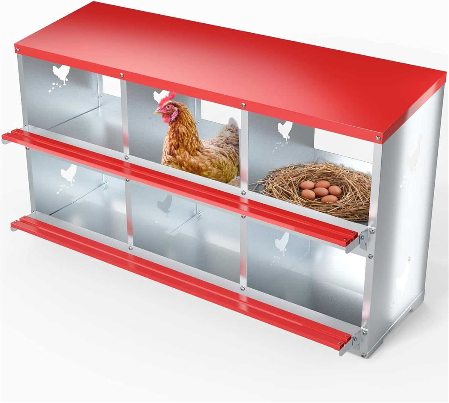 LABLT Red Chicken Nesting Boxes 6 Compartment Metal Nesting Boxes for ...