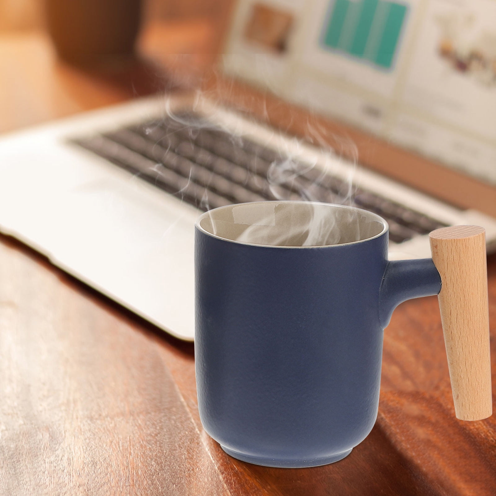 LABSERRON 1 Set Tea Infuser Cup with Lid Blue Ceramic Wood Coffee ...