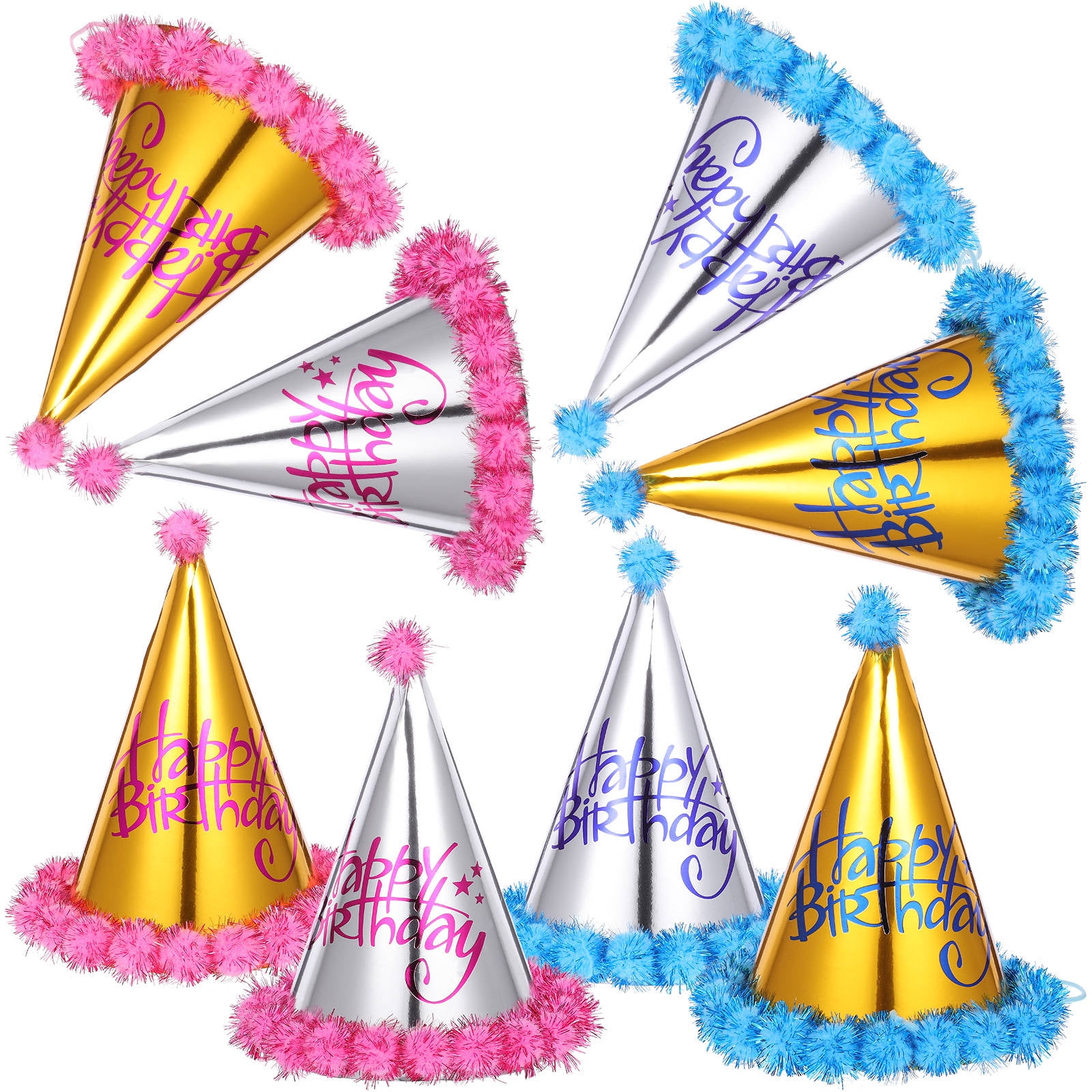 LABSERRON 8Pcs Gold Blue Silver Pink Paper Cap Happy Birthday Headwear ...