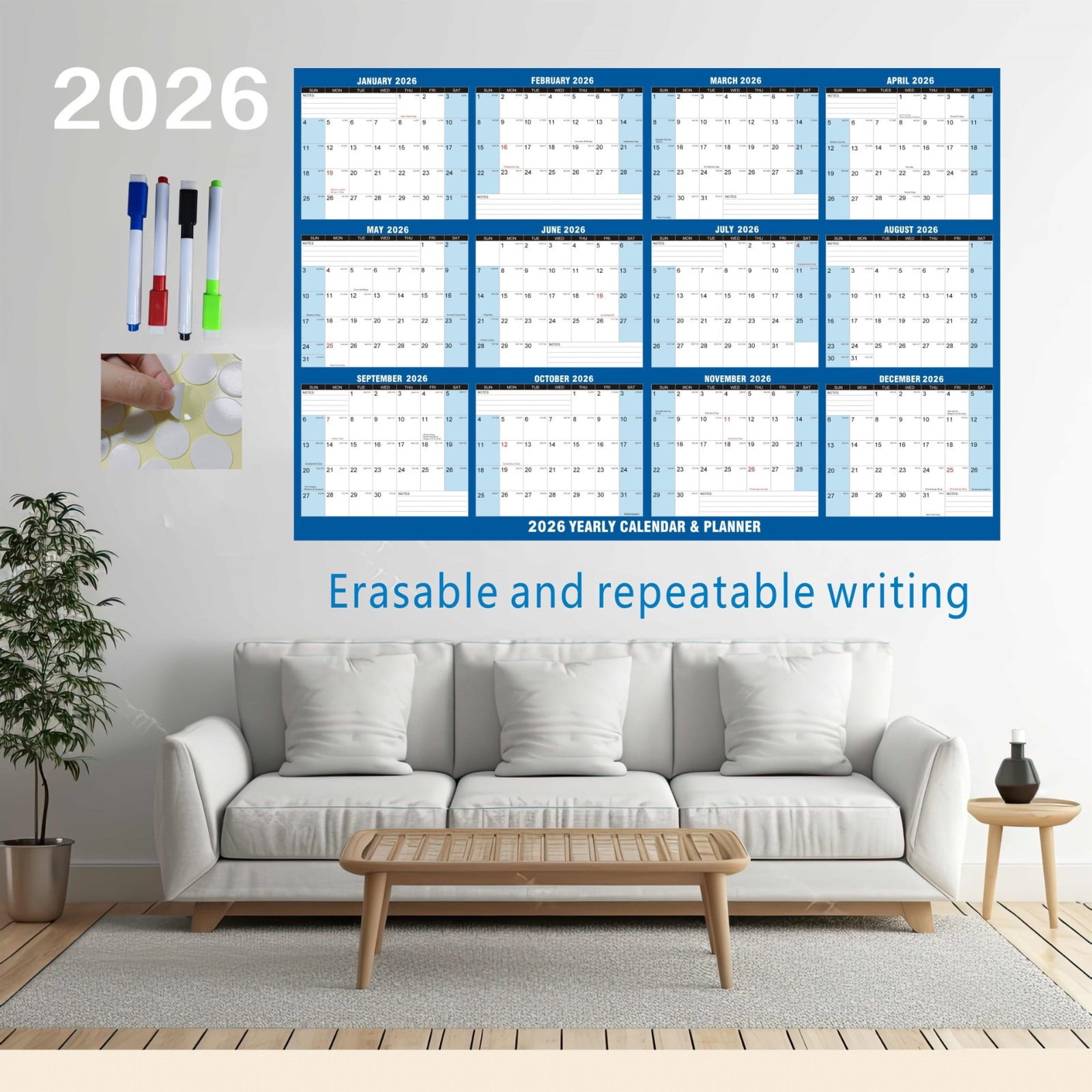 LACKUST 2026 Dry Erase Wall Calendar, Double Sided Adhesive Yearly ...