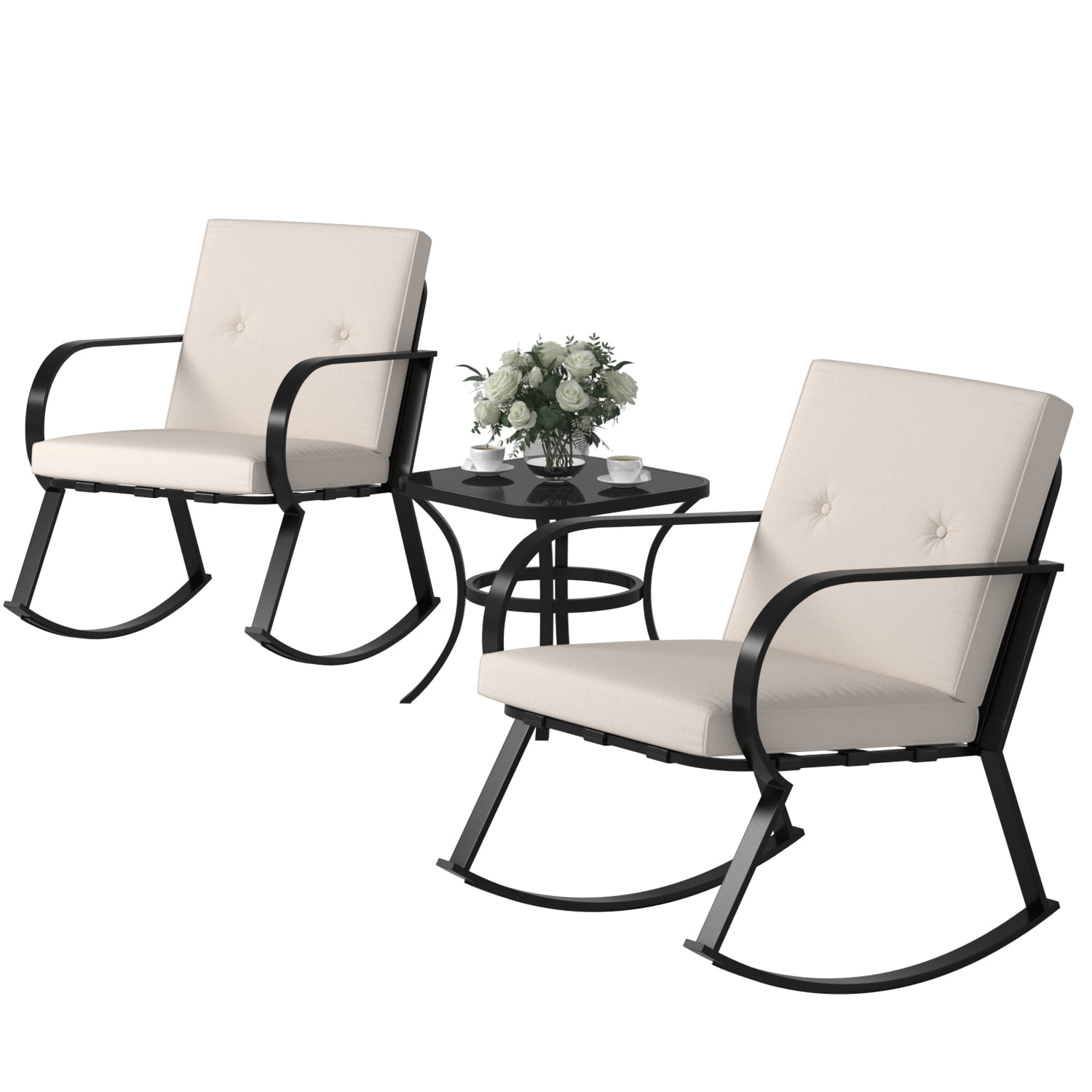 LACOO 3-Piece Rocking Chair Patio Set with Beige Cushions, Bistro Table ...