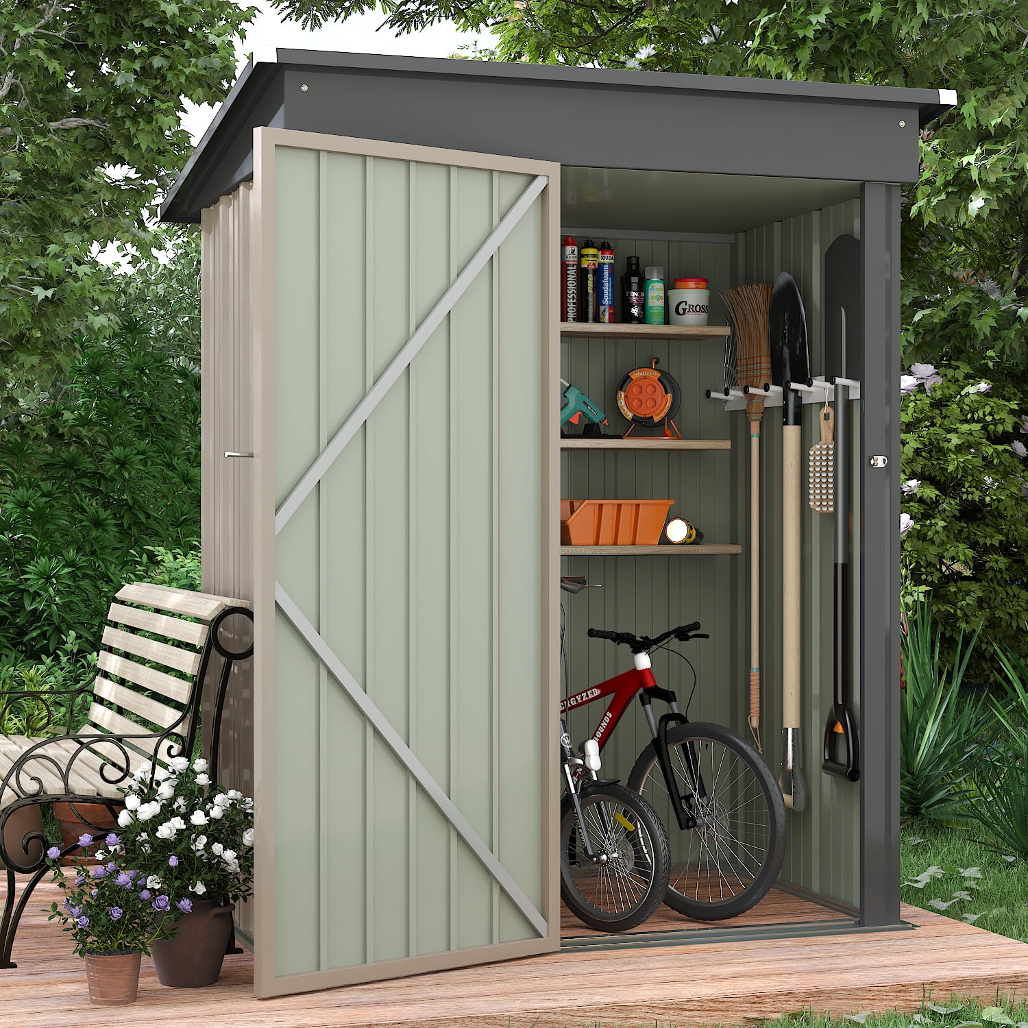LACOO Big Exterior Large 3x5 ft. Steel Patio Storage Shed, Lockable ...