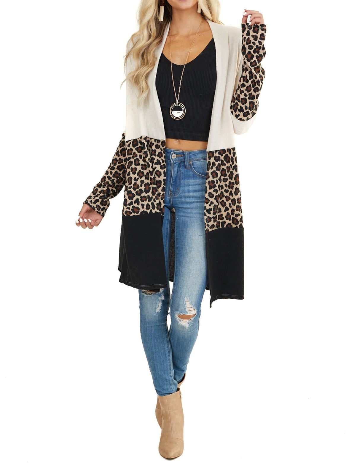 Long Sleeve Leopard Print Cardigans Color Block Shirt Knit Sweaters ...