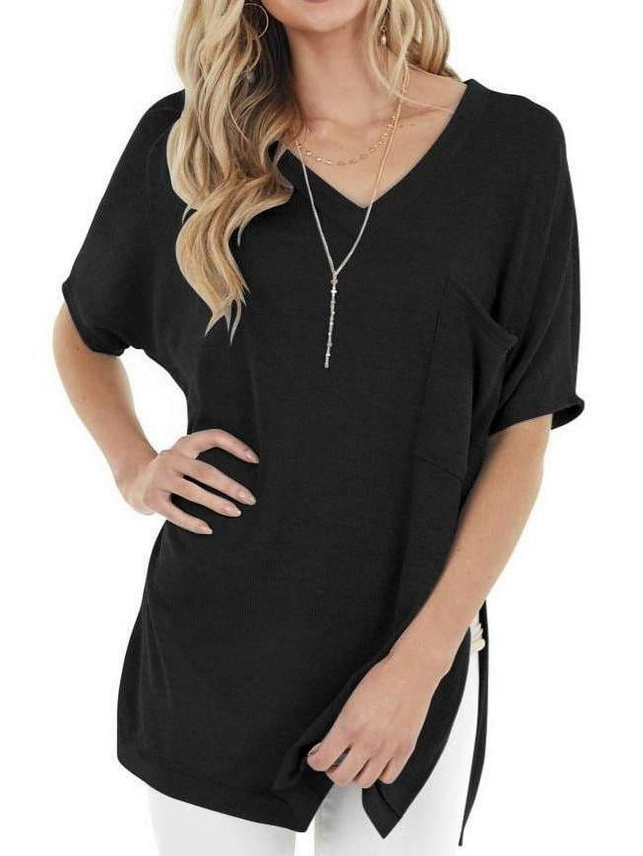 Short Sleeve V Neck Shirts Side Split Loose Fit Tunic with Pocket ...