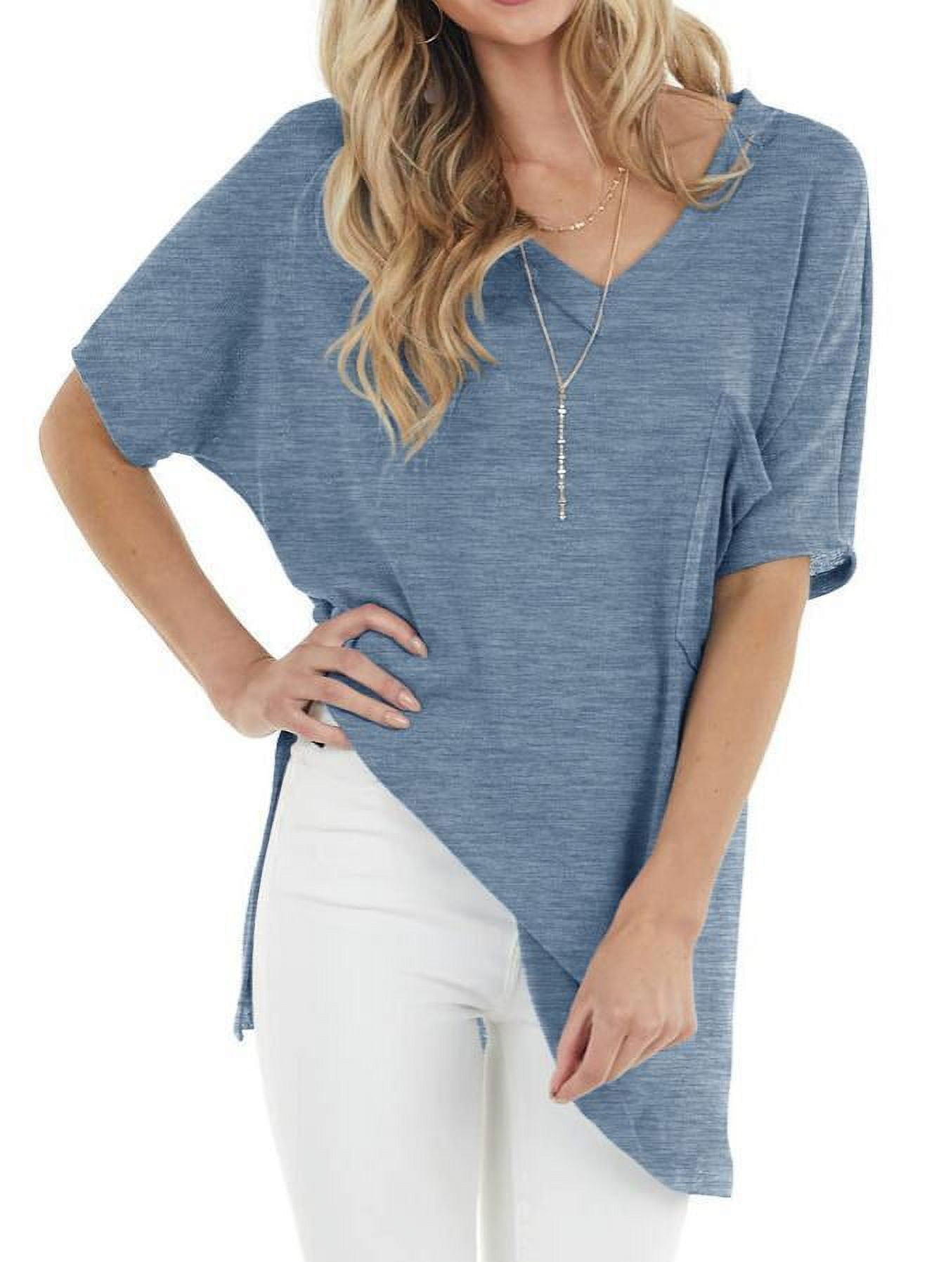 Short Sleeve V Neck Shirts Side Split Loose Fit Tunic with Pocket ...