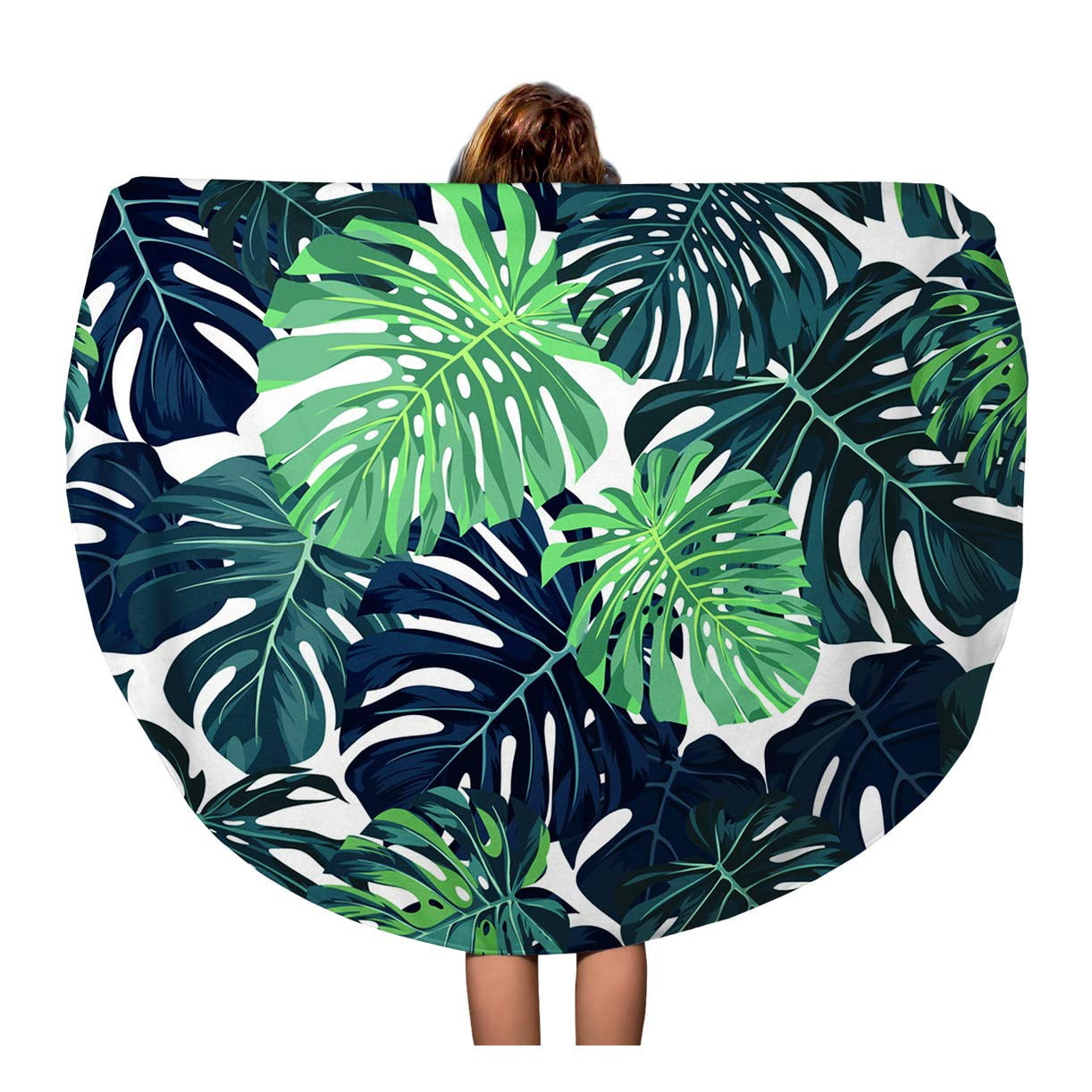 LADDKA 60 inch Round Beach Towel Blanket Blue Green Pattern Monstera ...