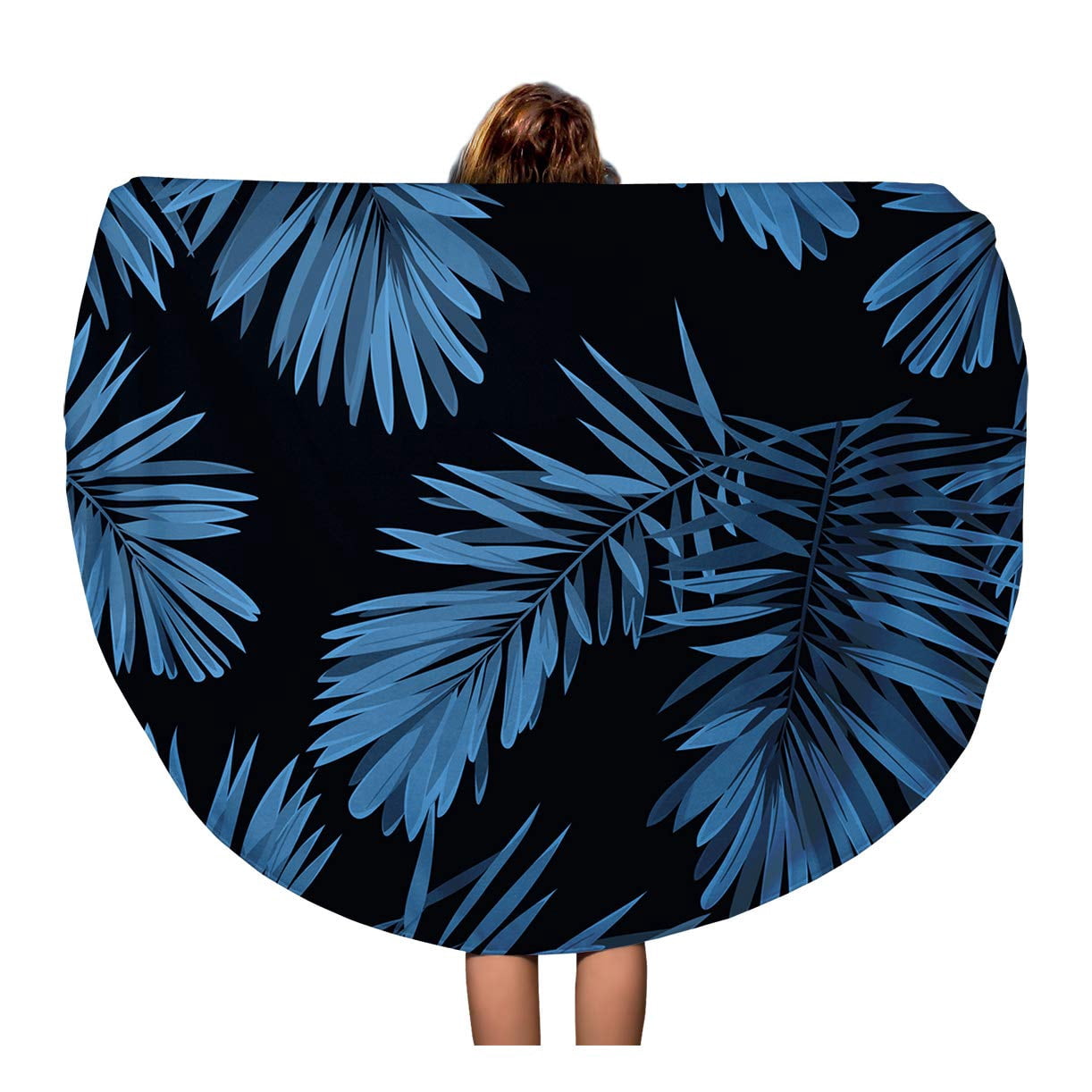 LADDKA 60 inch Round Beach Towel Blanket Blue Indigo Monstera Palm ...