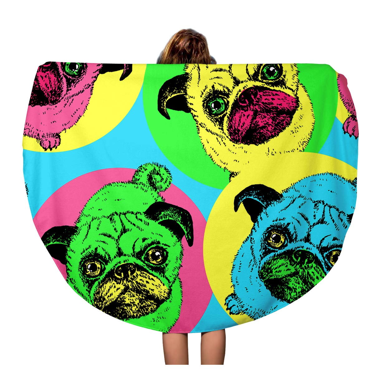 LADDKA 60 inch Round Beach Towel Blanket Pattern Pug Dog Cute Puppies ...