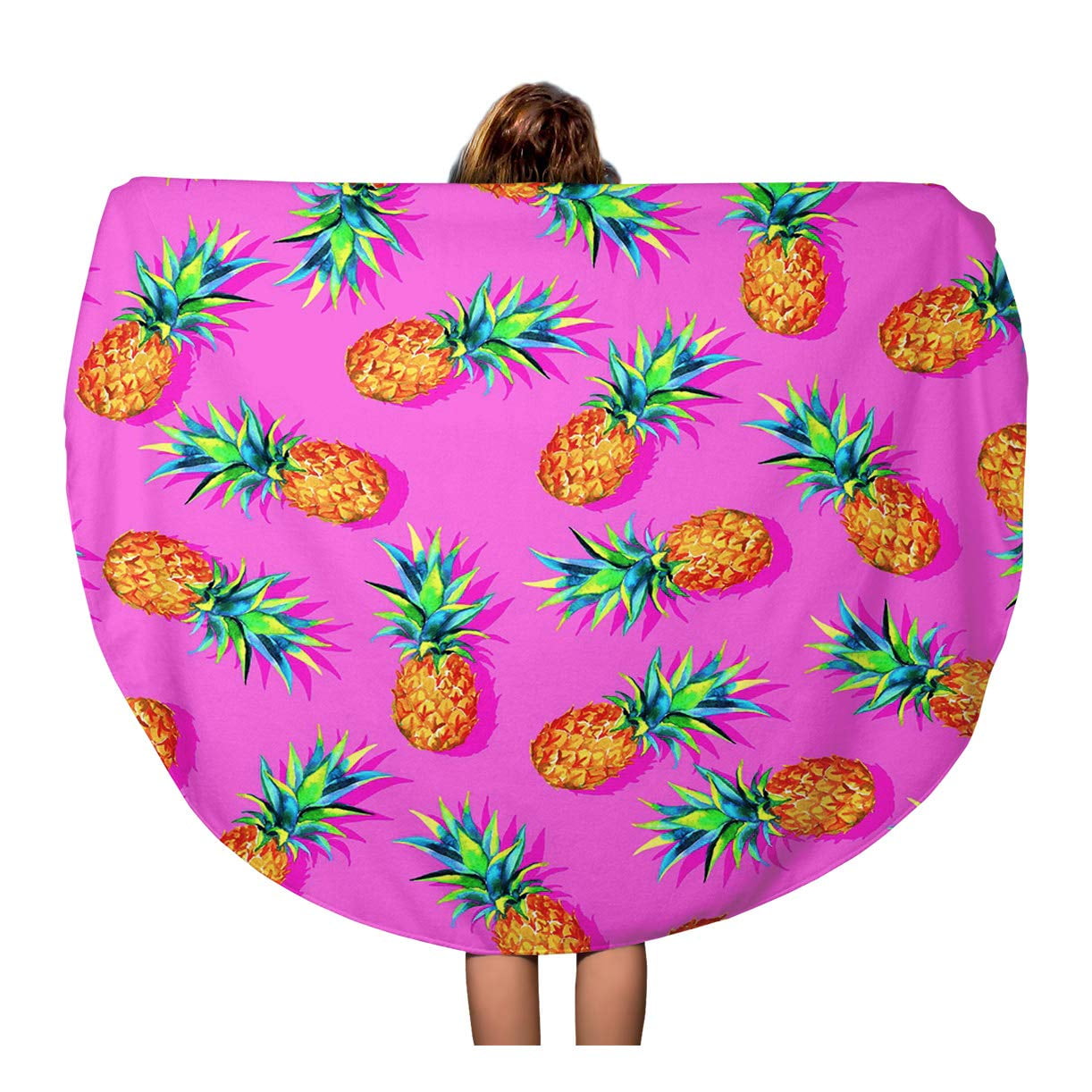 LADDKA 60 inch Round Beach Towel Blanket Pink Neon Pineapple Pop ...