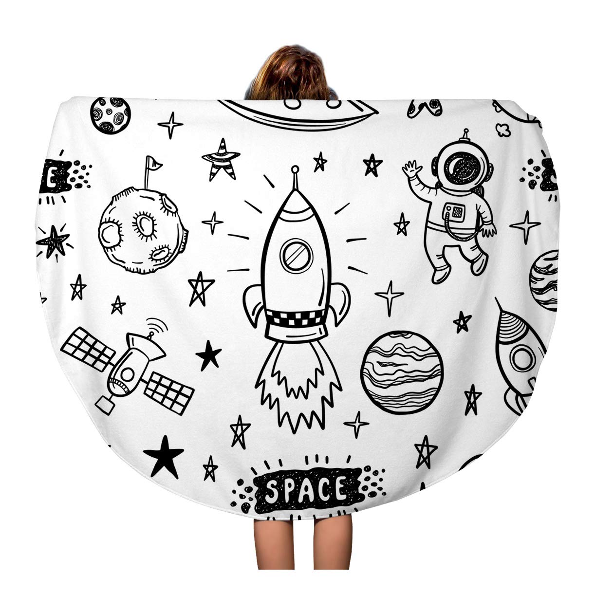 LADDKA 60 inch Round Beach Towel Blanket Sketch Doodle Space UFO Pattern Rocket Astronaut ...