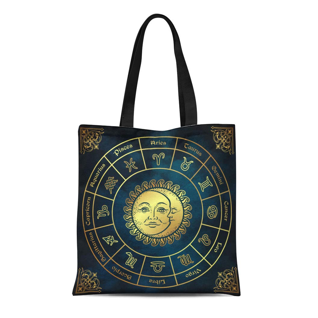 LADDKE Canvas Tote Bag Aquarius Zodiac Circle Horoscope Signs Sun and ...
