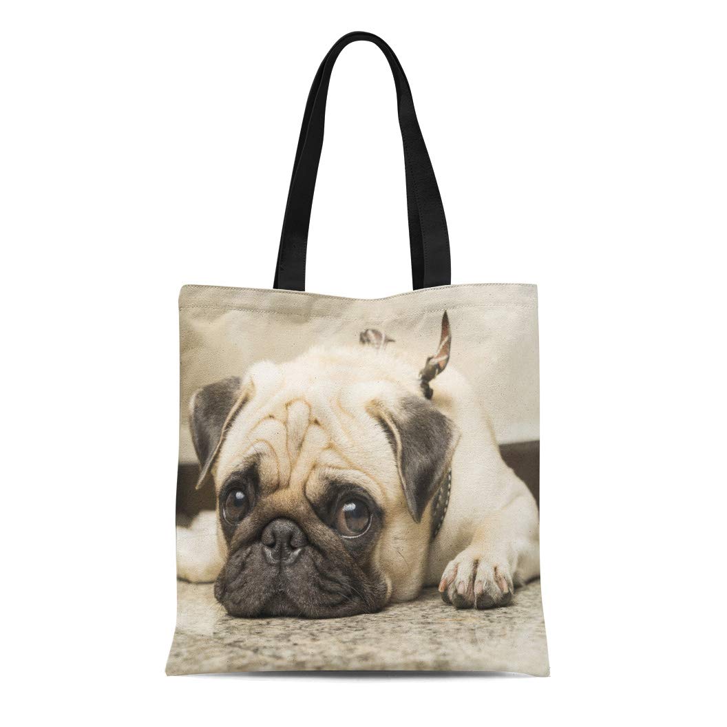 LADDKE Canvas Tote Bag Dog Face of Cute Pug Head Adorable Baby Reusable ...