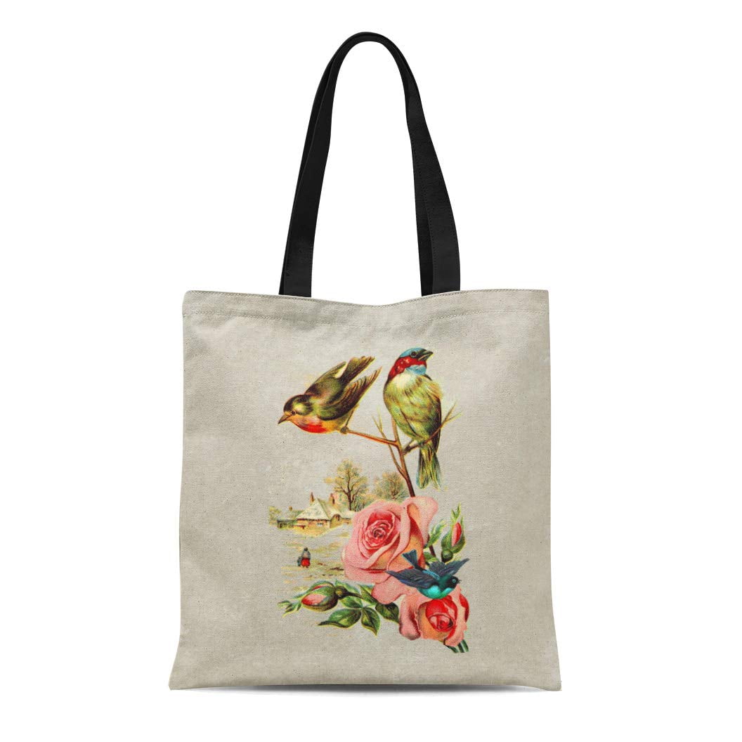 LADDKE Canvas Tote Bag Pink Flowers Vintage Birds Roses Landscape Painting Floral Reusable ...