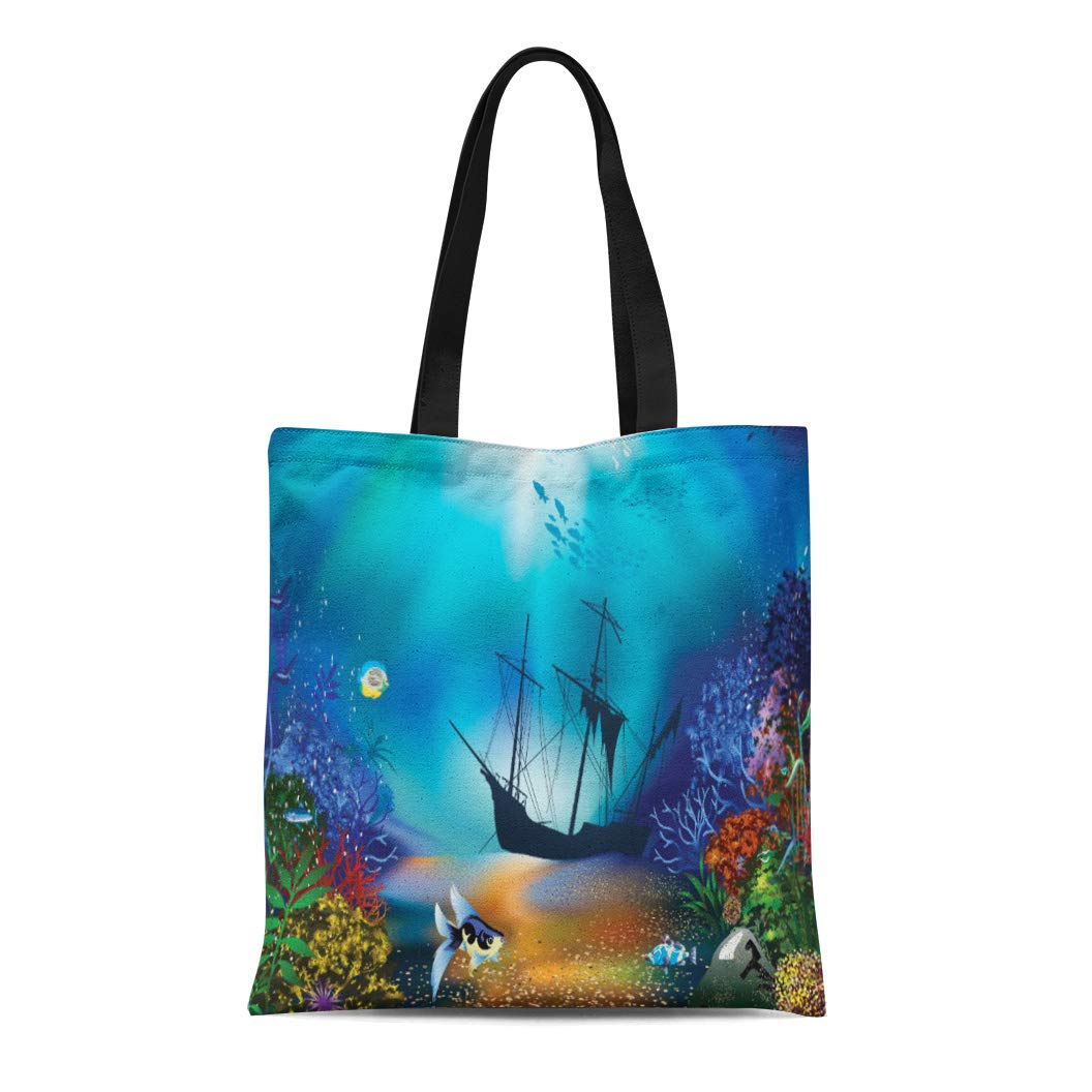LADDKE Canvas Tote Bag Ship Shipwreck Sunken Fish Sea Ocean Life ...
