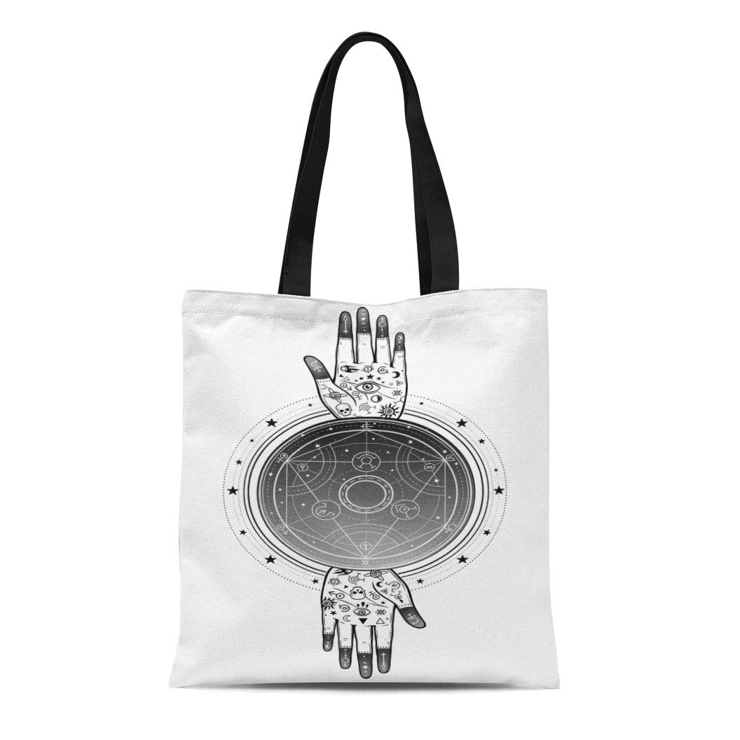 LADDKE Canvas Tote Bag Two Human Hands Magic Symbols Alchemical Circle ...