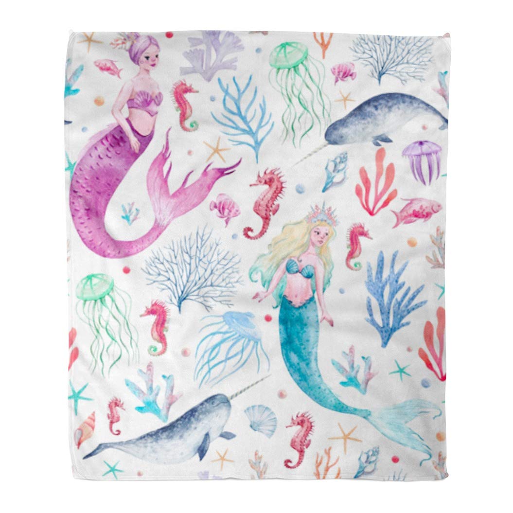 LADDKE Flannel Throw Blanket Watercolor Sea Pattern Mermaids Corals ...