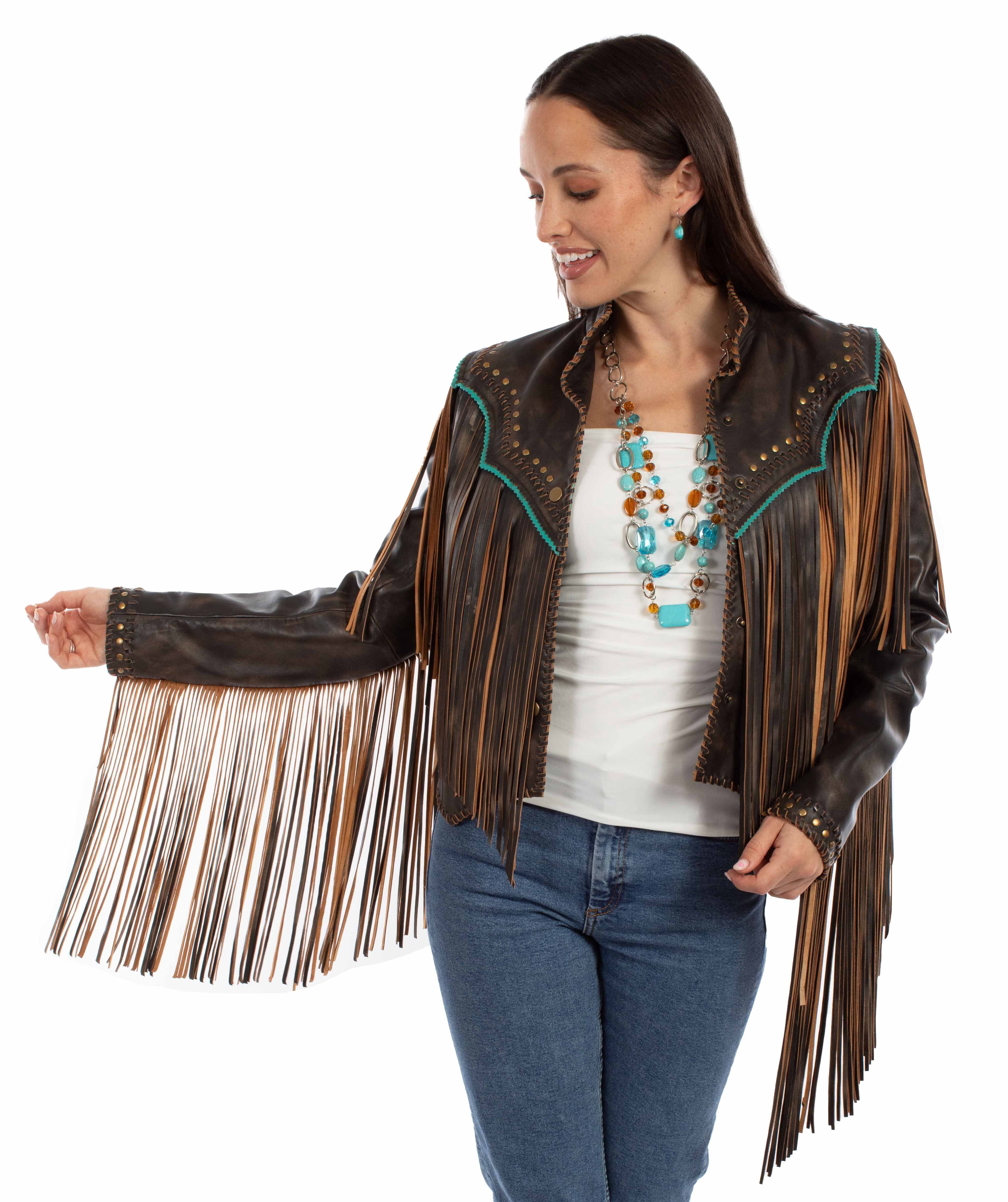 Scully Women's Fringe Studded Leather Jacket - L1144-211 Medium US ...