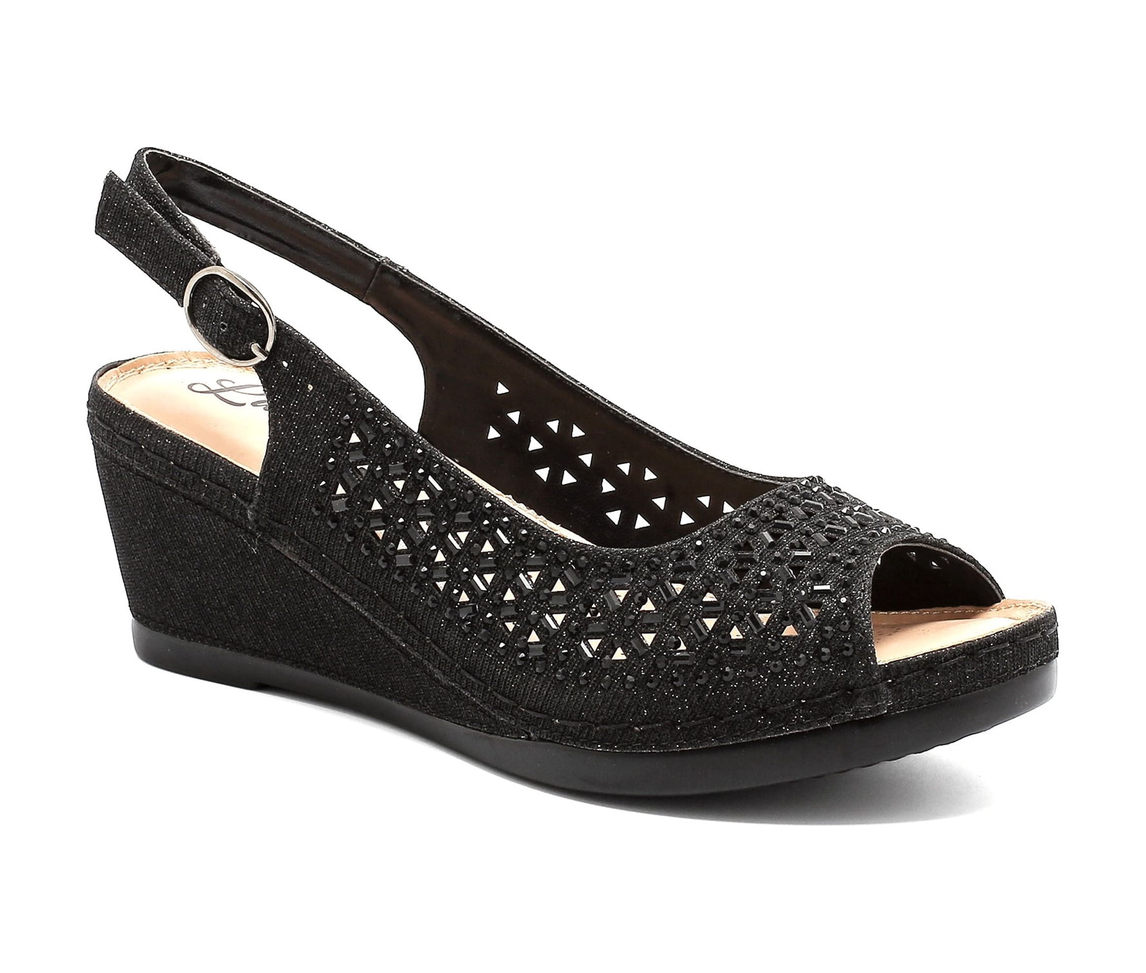 LADY COUTURE Open toe slingback wedge with Metallic studs, ANITA BLACK ...
