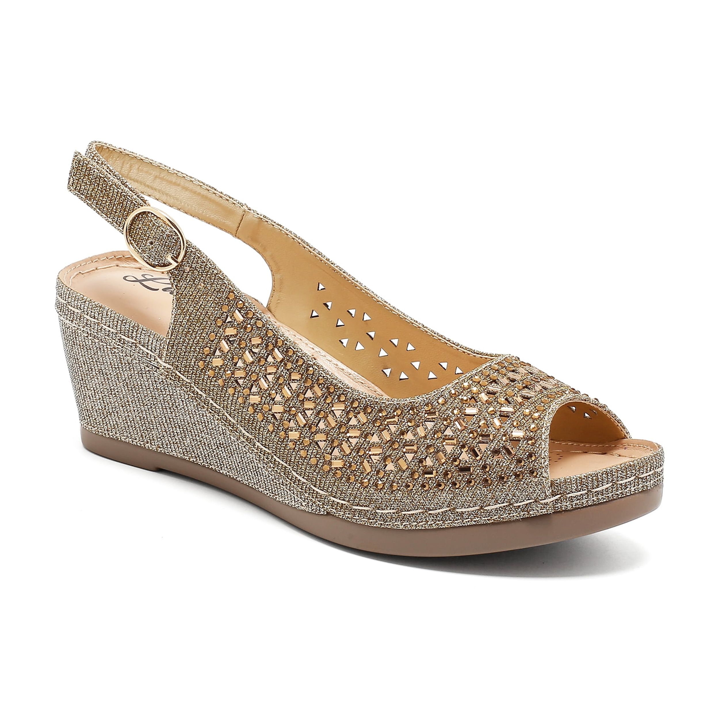 LADY COUTURE Open toe slingback wedge with Metallic studs, ANITA GOLD 5 ...