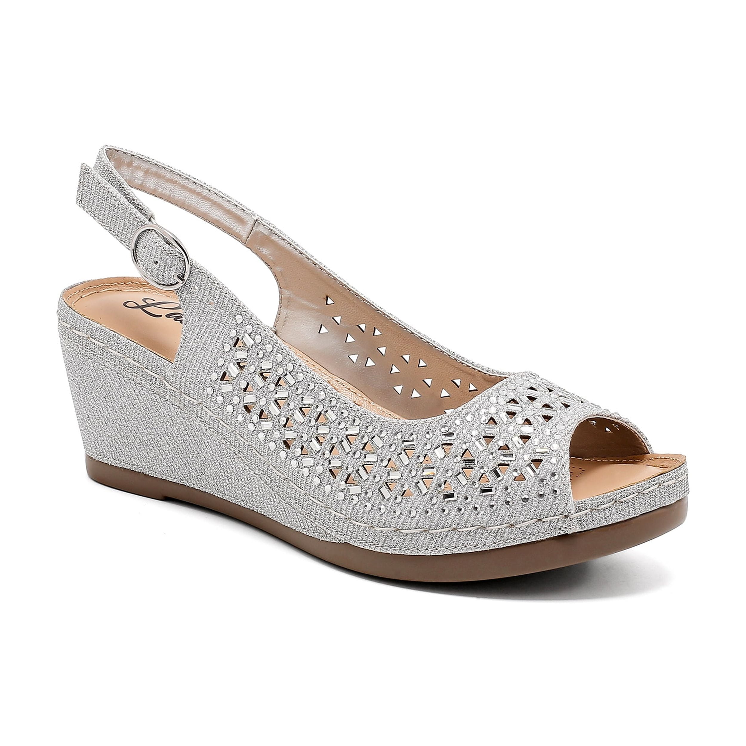 LADY COUTURE Open toe slingback wedge with Metallic studs, ANITA SILVER ...