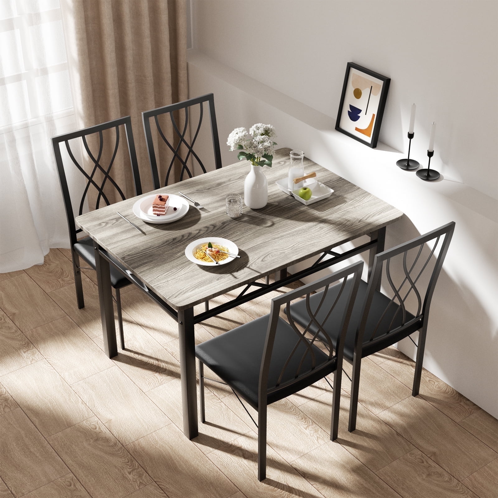 LAFGUR 5 Piece Dining Table Set , Wood Metal 43" Table and 4 PU Leather ...