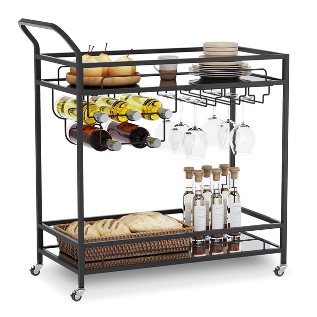 LAFGUR Bar Cart Black, 2 Tiers Home Bar Serving Cart on Lockable Wheels ...
