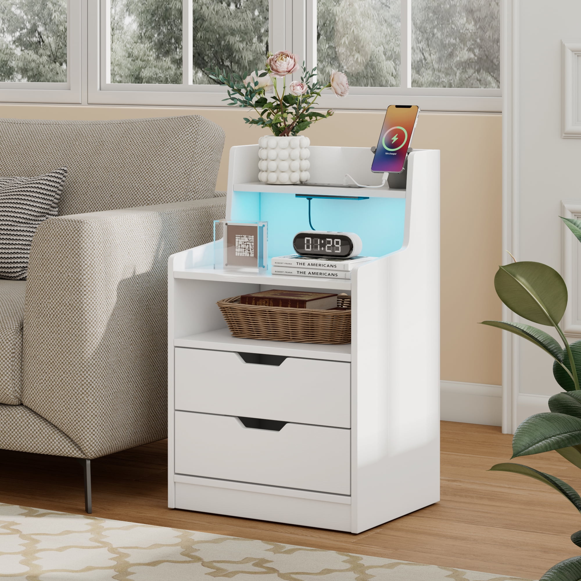 LAFGUR Nightstand with Charging Station, Side Table with USB Ports ...