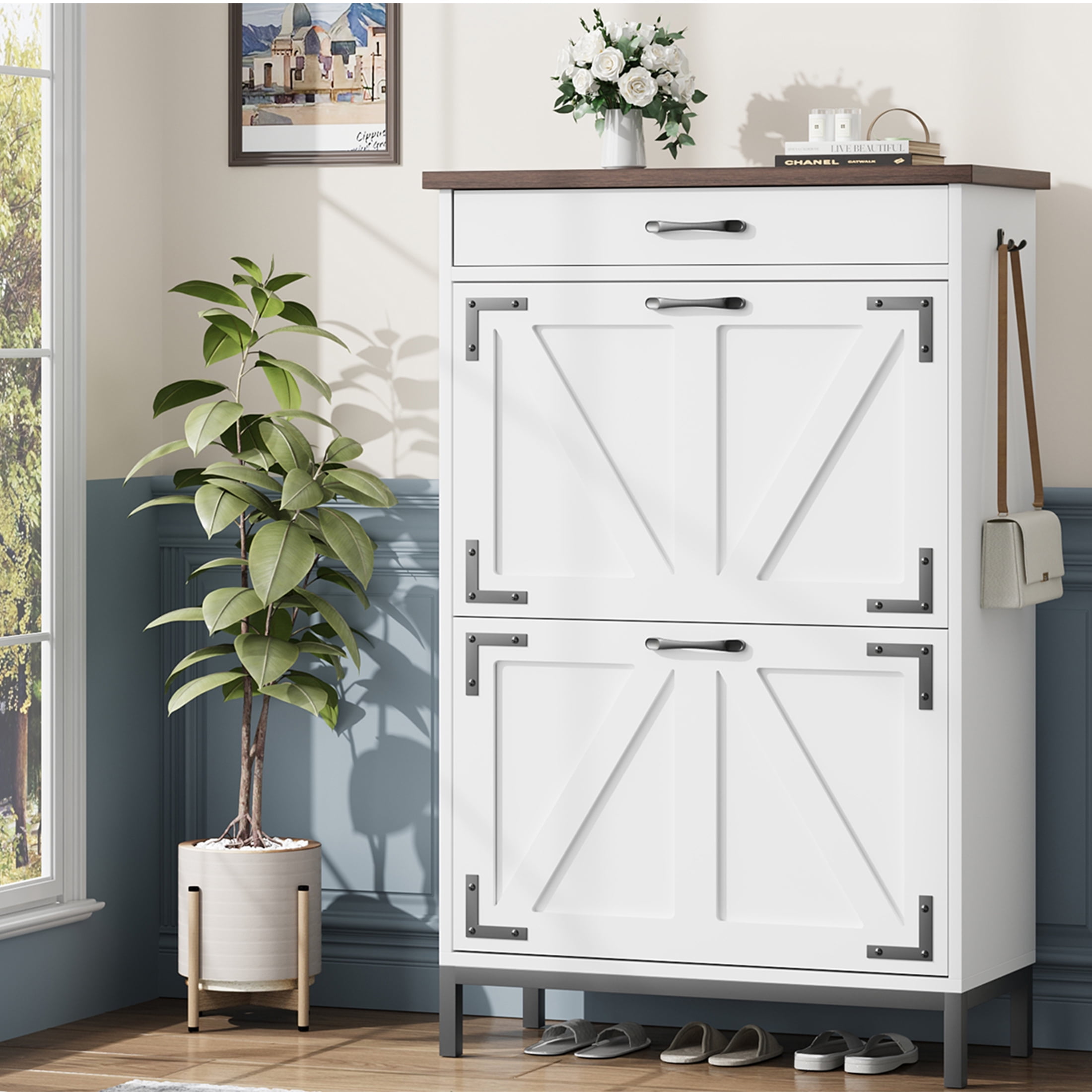 LAFGUR Shoe Cabinets with 2 Flip Drawers,Wooden Shoe Storage Organizer ...