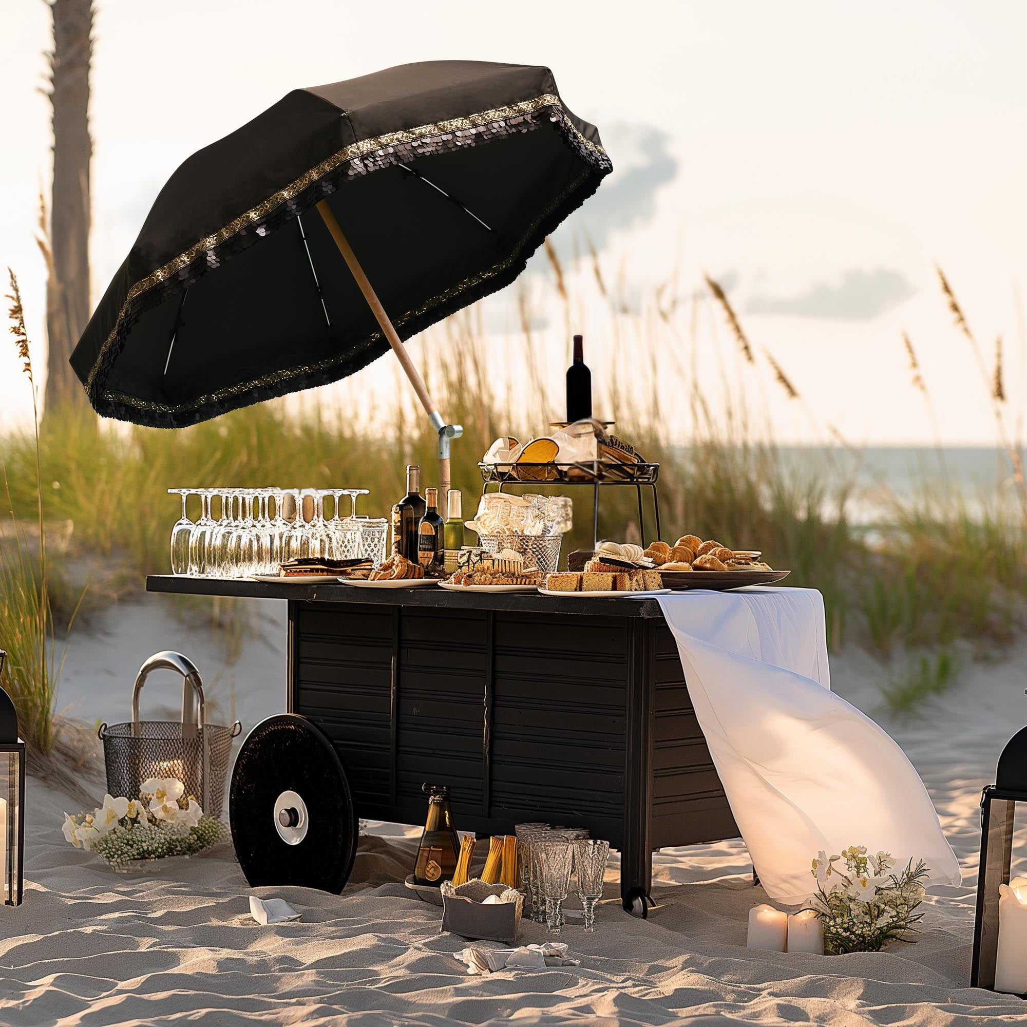 LAGarden 6 Ft Fringe Patio Umbrella with Tassel Jazz Age Wood for ...