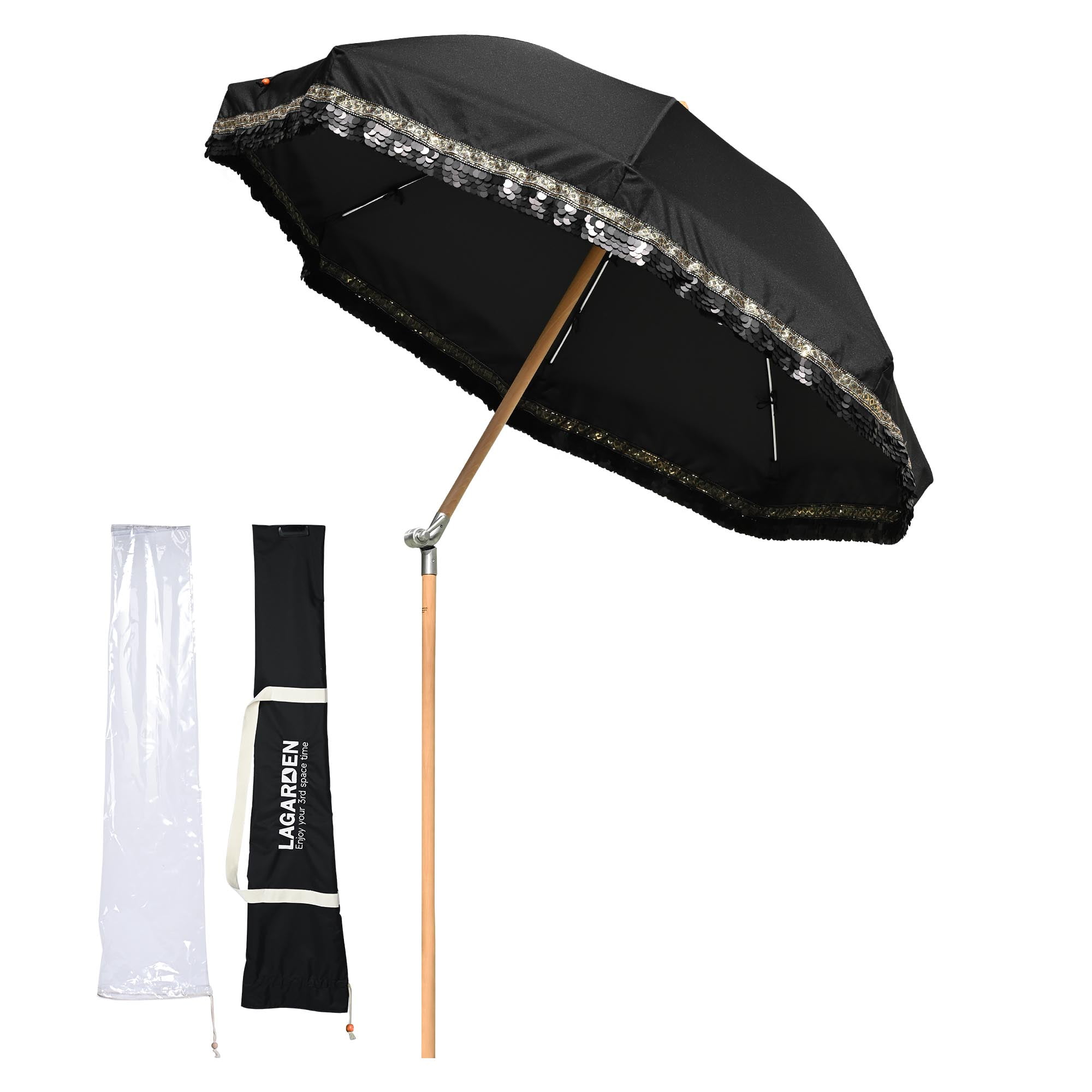 LAGarden 6 Ft Fringe Patio Umbrella with Tassel Jazz Age Wood for ...