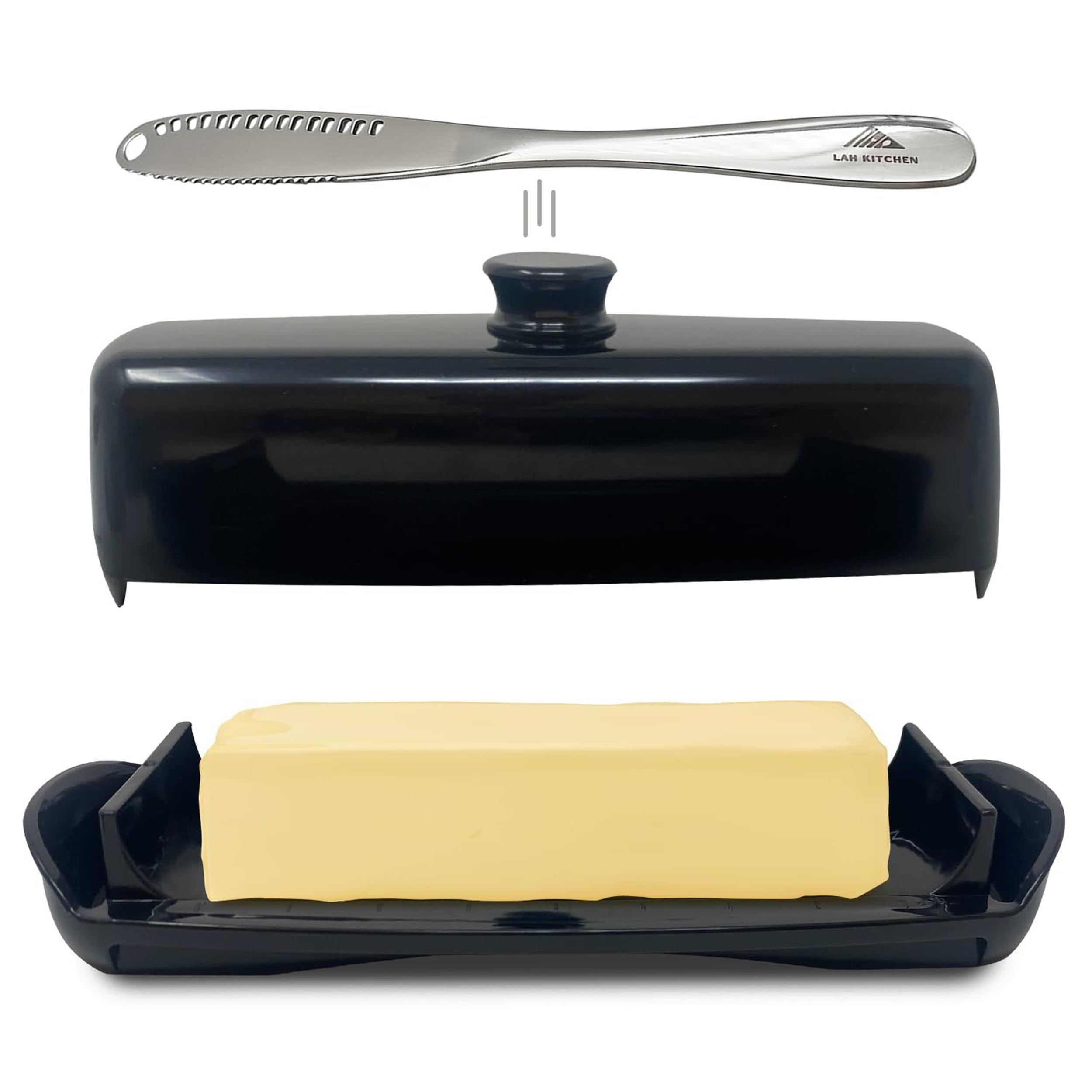 LAH KITCHEN Black Butter Dish with Magnetic Lid & Stainless Steel Knife ...